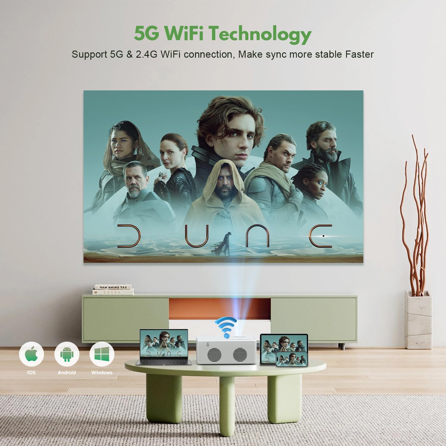 WiFi Projector with 100’’ Projector Screen, 9000Lux Projector for Outdoor Movies 1080P Full HD Supported Mini Portable Projector Compatible with Smartphone TV Stick HDMI USB AV AUX