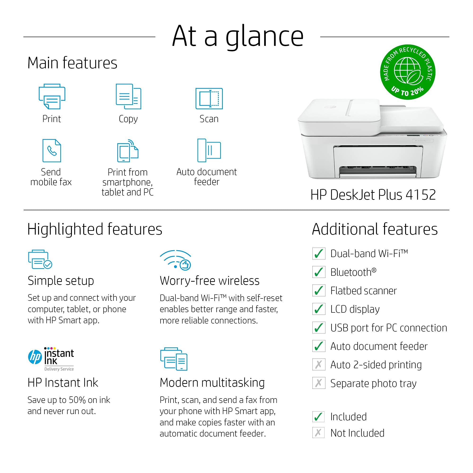HP DeskJet Plus 4152 Wireless All-in-One Color Inkjet Printer, Mobile Print, Scan & Copy, Instant Ink Ready, 7FS74A (Renewed)