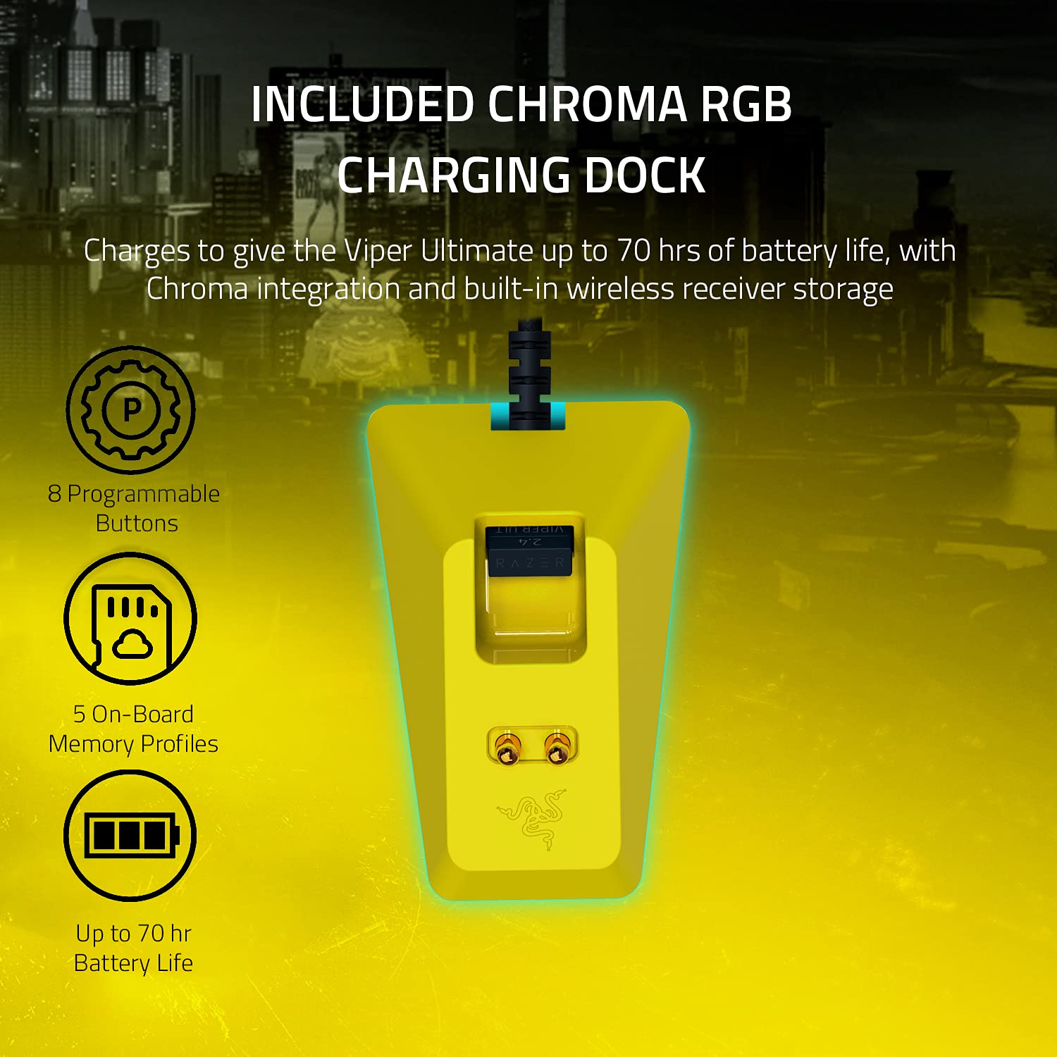 Razer Viper Ultimate Lightweight Wireless Gaming Mouse & RGB Charging Dock: HyperSpeed Wireless Technology - 20K DPI Optical Sensor - 78g Lightweight - Optical Mouse Switch - Cyberpunk 2077 Edition