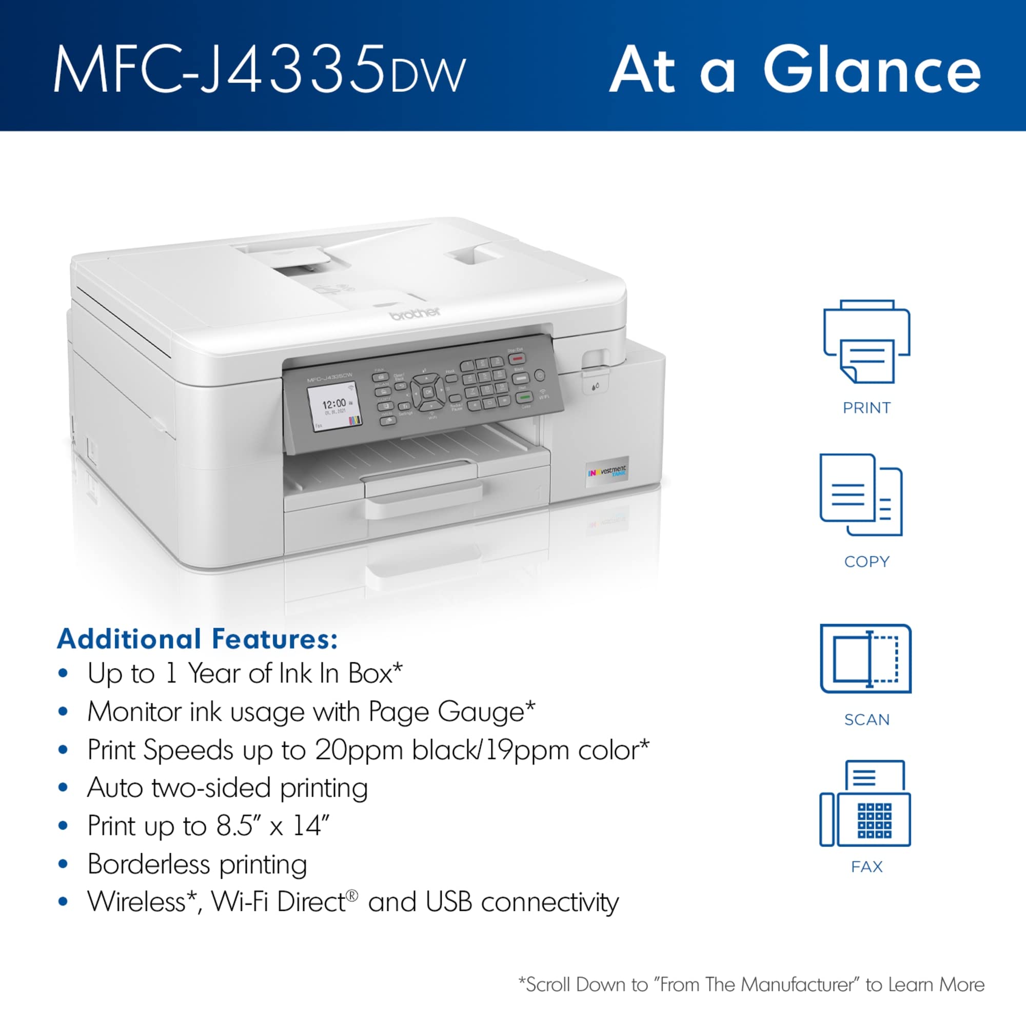 Brother MFC-J4335DW INKvestment-Tank All-in-One Printer with Duplex and Wireless Printing Plus Up to 1-Year of Ink in-Box