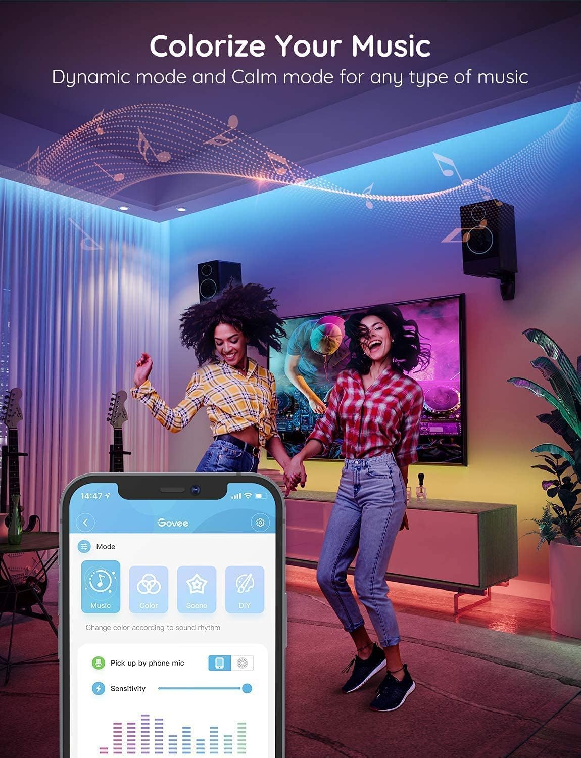 Govee RGB LED Strip Lights, 65.6ft Bluetooth LED Lights with App Control, 64 Scenes and Music Sync, LED Lights for Bedroom, Living Room, Kitchen, Party, Color Changing Light Strip 2 Rolls of 32.8ft