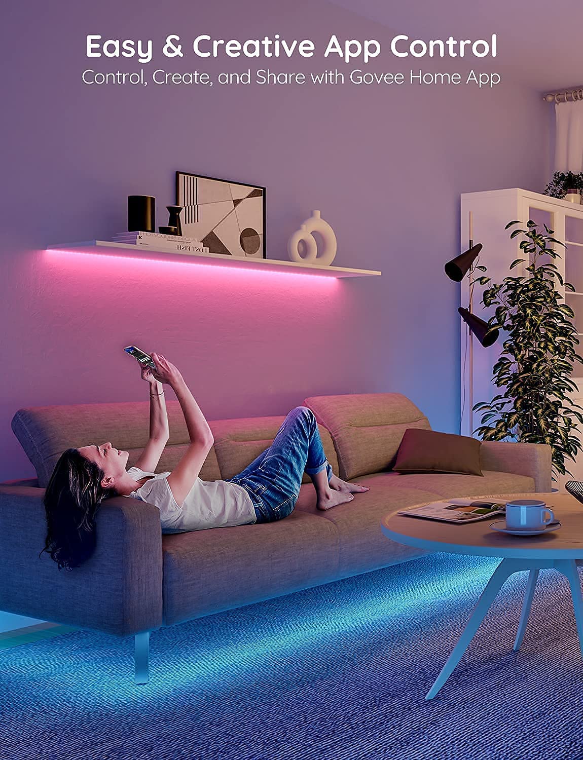 Govee RGB LED Strip Lights, 65.6ft Bluetooth LED Lights with App Control, 64 Scenes and Music Sync, LED Lights for Bedroom, Living Room, Kitchen, Party, Color Changing Light Strip 2 Rolls of 32.8ft