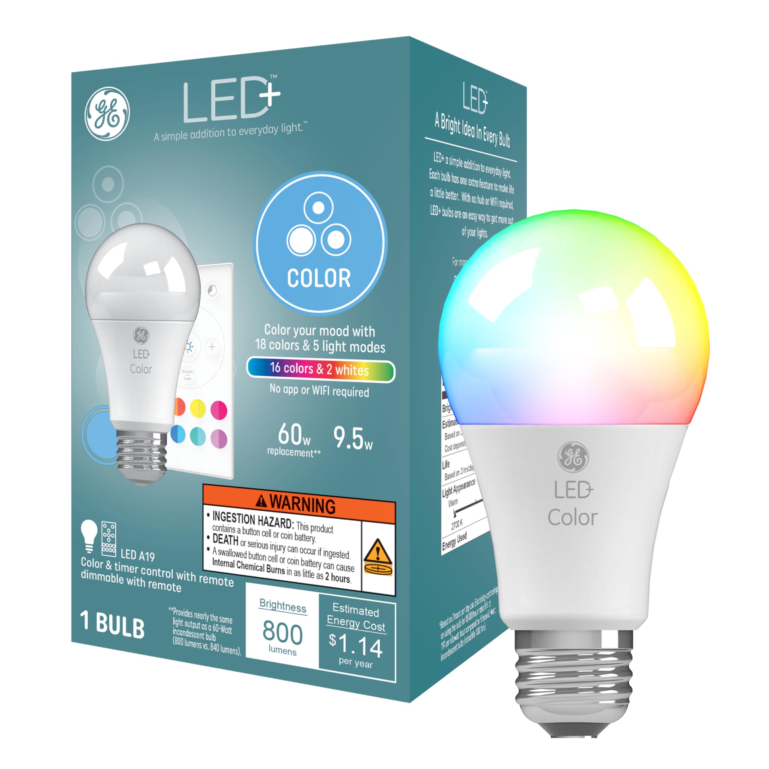 GE LED+ Color Changing Light Bulbs, 18 Colors & 5 Light Modes, No App or Wi-Fi Required, Remote Included, A19 Light Bulb (1 Pack)