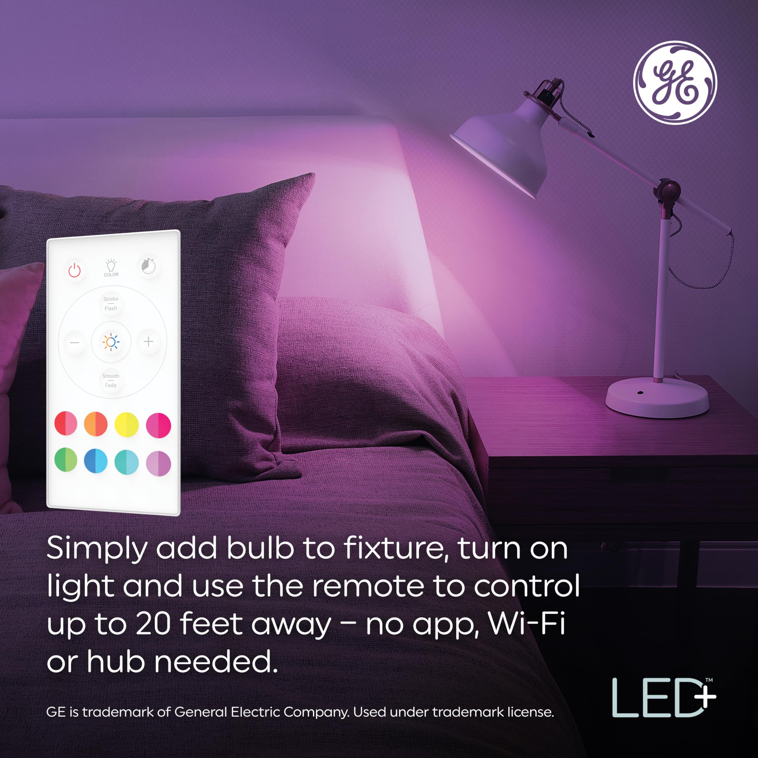 GE LED+ Color Changing Light Bulbs, 18 Colors & 5 Light Modes, No App or Wi-Fi Required, Remote Included, A19 Light Bulb (1 Pack)
