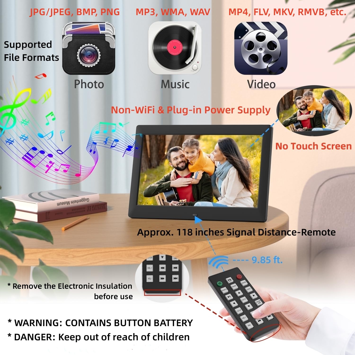 Dhwazz 10.1 Inch USB Digital Picture Frame, Non-WiFi SD Card Smart Photo Frames IPS Screen HD Display with Remote Control, Support Video and Music, Slideshow, Wall Mountable, Easy to use for Seniors
