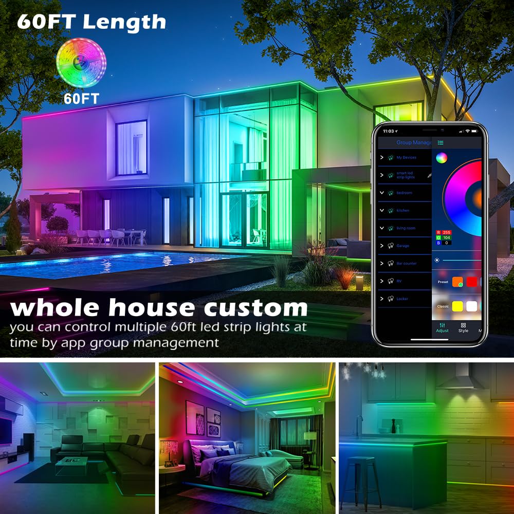 AILBTON Led Strip Lights,60ft Led Light Strip Music Sync Color Changing RGB Led Strip Built-in Mic,Bluetooth App Control LED Tape Lights with Remote,5050 RGB Rope Light Strips
