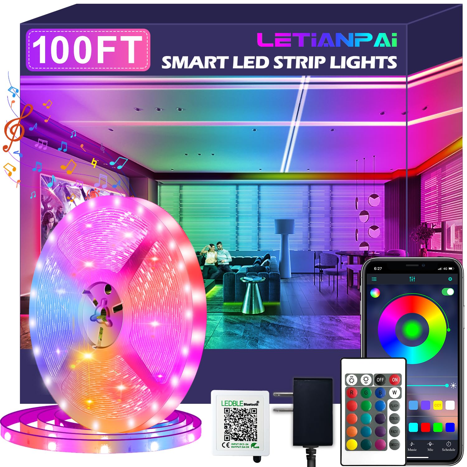 Led Strip Lights, 82ft/25m Long Smart Led Light Strips Music Sync 5050 RGB Color Changing Rope Lights,Bluetooth APP/IR Remote/Switch Box Control Led Lights for Bedroom,Home Decoration,Party,Festival