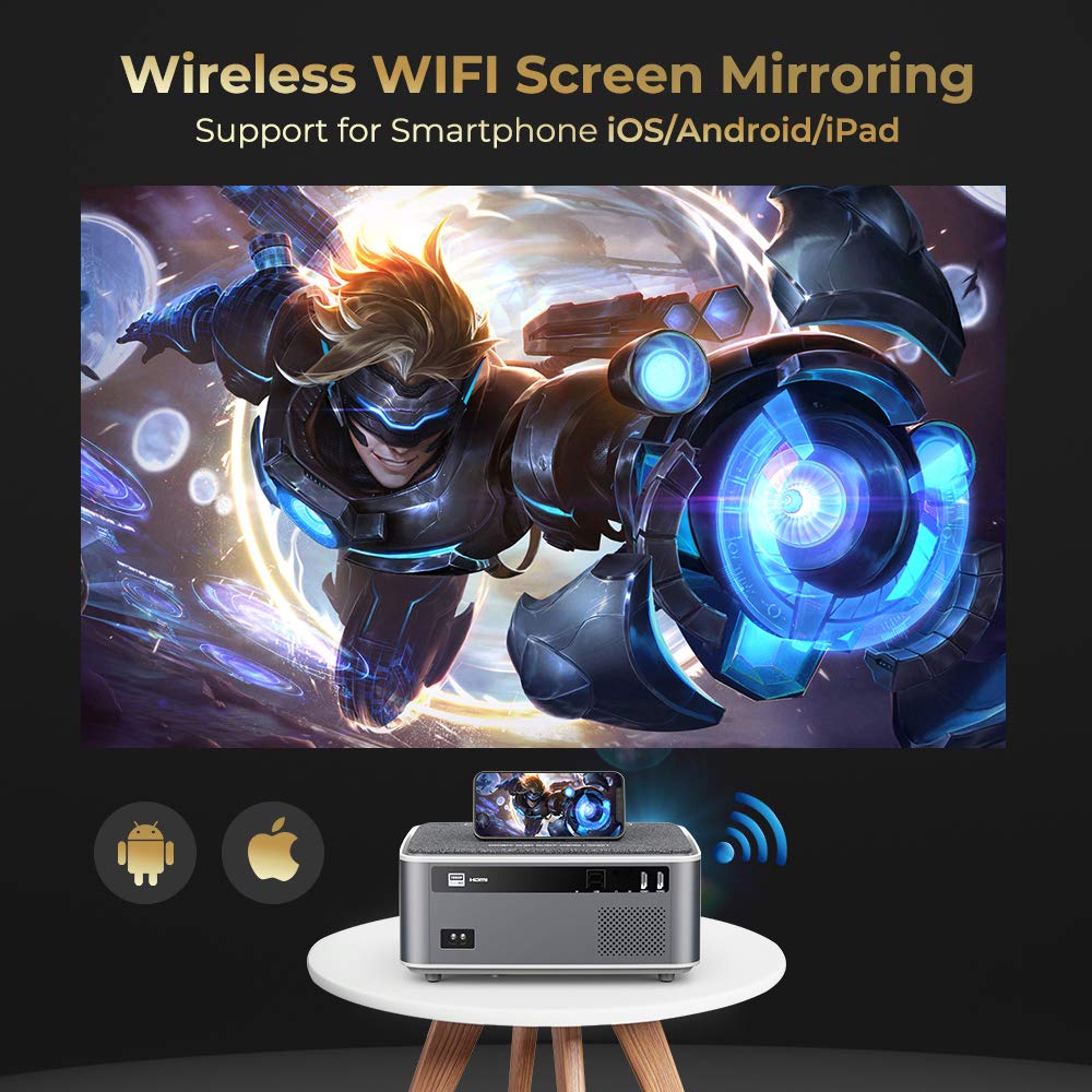 DBPOWER Native 1080P WiFi Projector, Upgrade 12000L 450 ANSI Full HD Outdoor Movie Projector, Support 4K+4P+4D Keystone/Zoom/PPT, 300" Portable Mini Video Projector Compatible w/Phone/Laptop/DVD/PC/TV