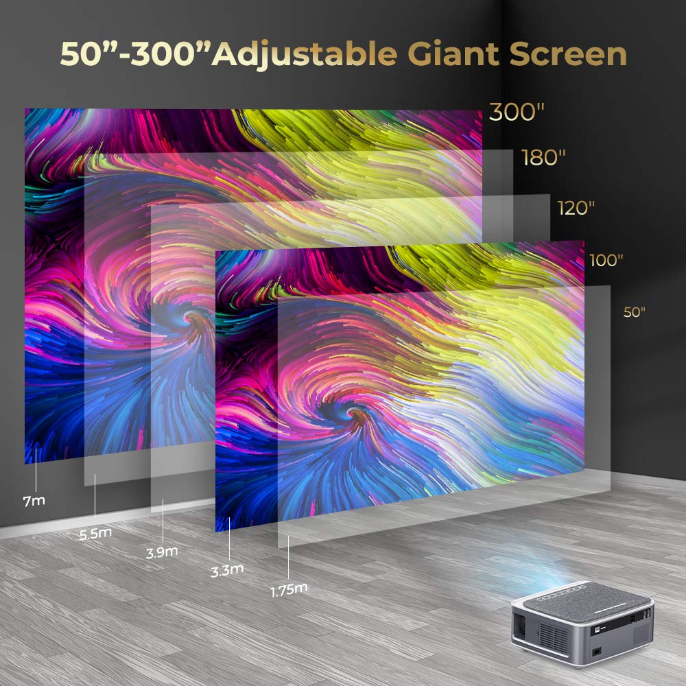 DBPOWER Native 1080P WiFi Projector, Upgrade 12000L 450 ANSI Full HD Outdoor Movie Projector, Support 4K+4P+4D Keystone/Zoom/PPT, 300" Portable Mini Video Projector Compatible w/Phone/Laptop/DVD/PC/TV
