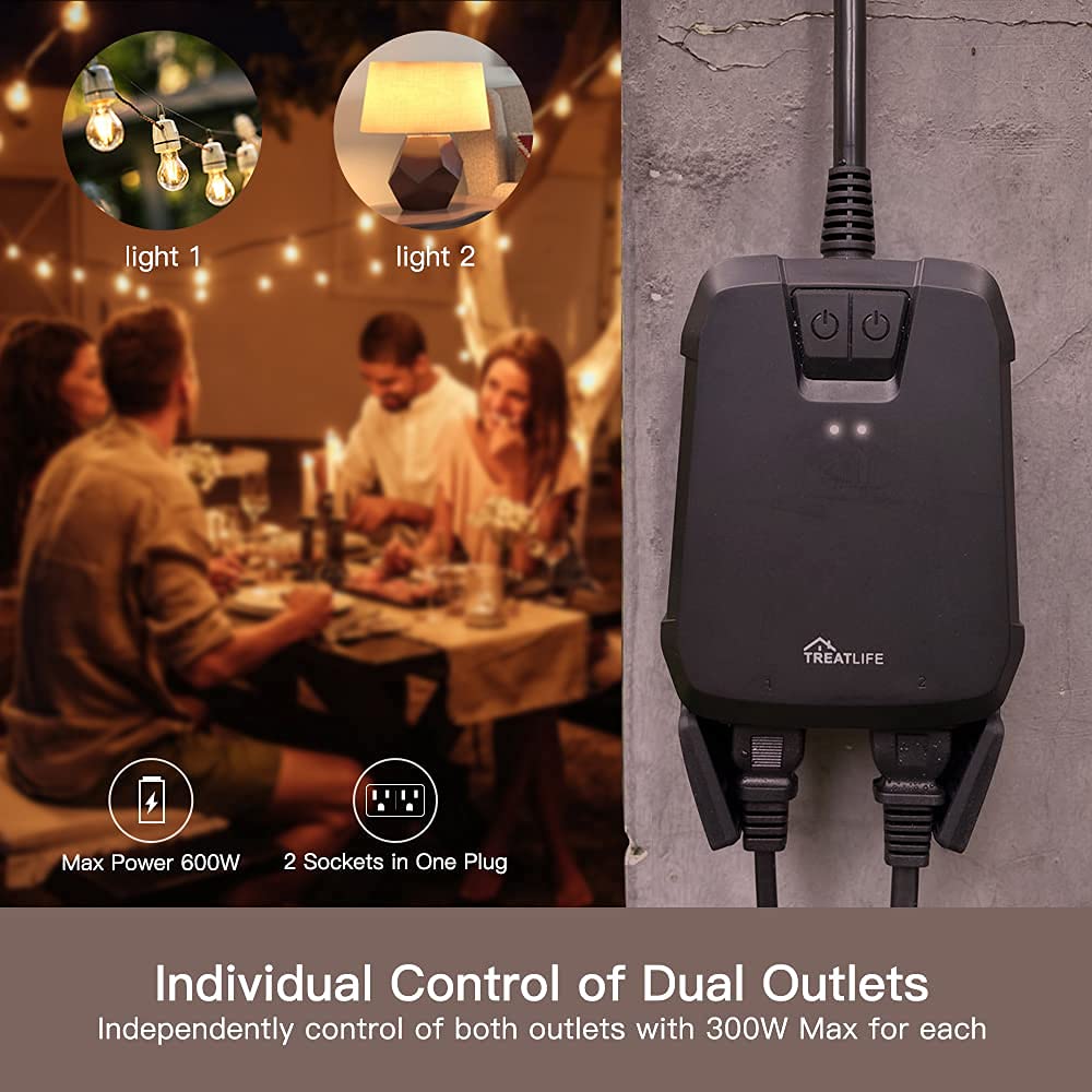 [New Version] TREATLIFE Outdoor Smart Dimmer Plug, 2 Individual Control Sockets, 600W, Compatible with Alexa, Google Home, IP64 for Outdoor String Lights, Dusk to Dawn, 2.4Ghz WiFi Only