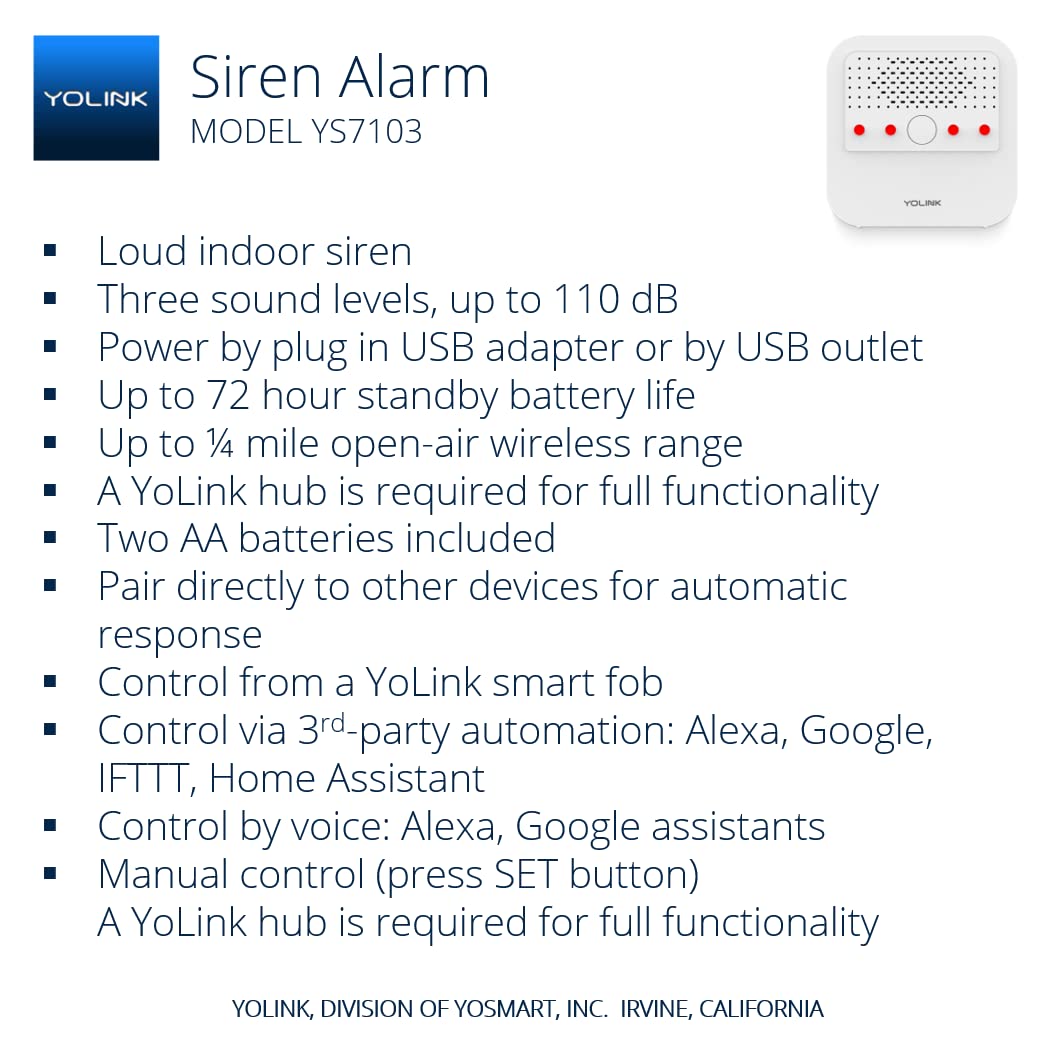 Smart Siren Alarm, Loud 110 dB, Wireless Alarm for Home Security/Intrusion/Burglar Alarm, Panic Alarm, Audible Alerts, Remote Control, Works with Alexa, Google, Home Assistant, IFTTT - Hub Required