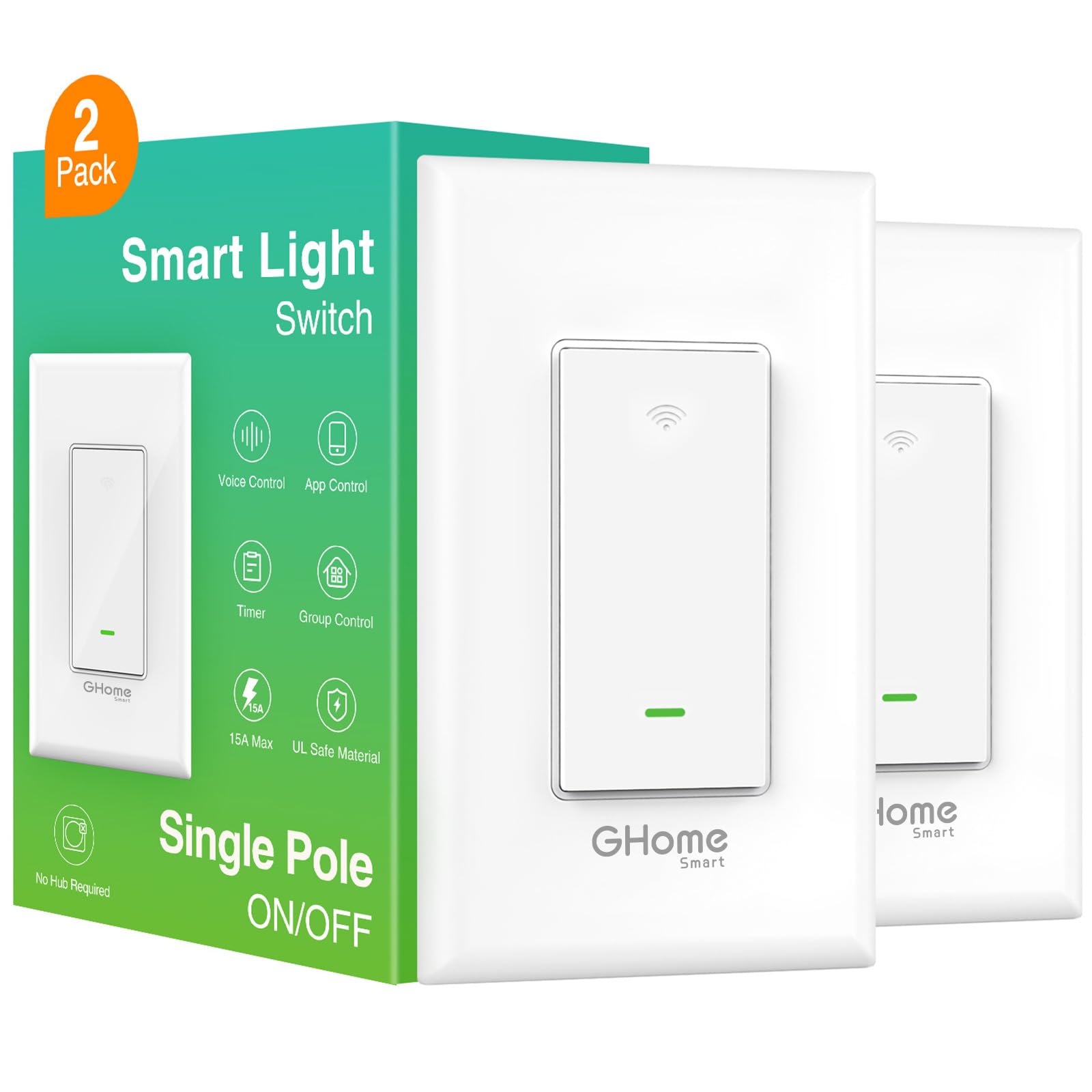 GHome Smart Switch, 2.4Ghz Wi-Fi Switch Works with Alexa, Google Assistant Single-Pole,Neutral Wire Required,UL Certified,Remote/Voice Control and Schedule, No Hub Required, (2 Pack)