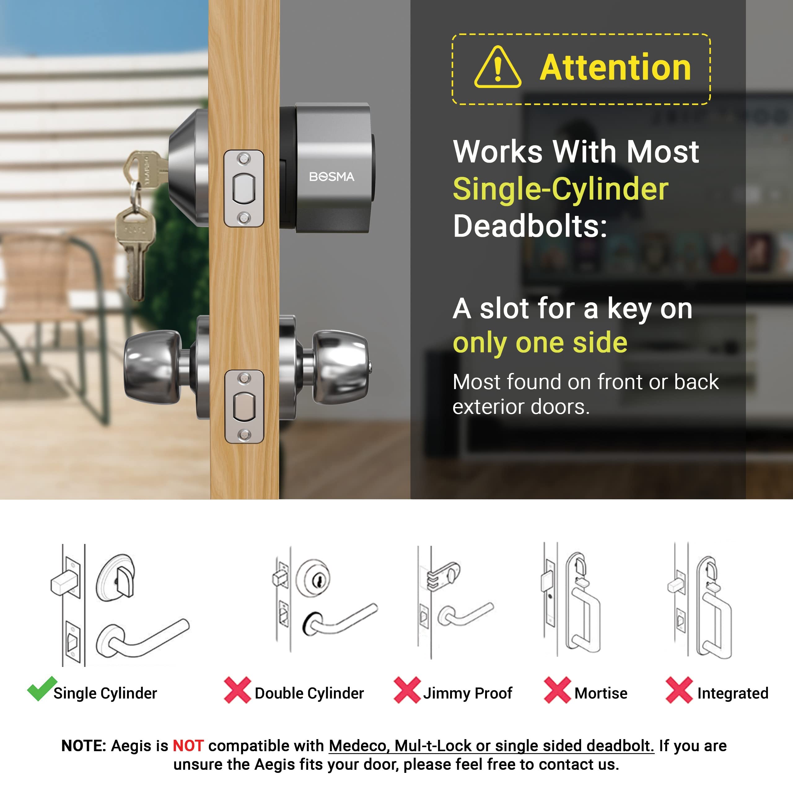Bosma Aegis Smart Door Lock w/WiFi Gateway, Auto-Unlock & Auto-Lock, Remote Control, APP-Less Guest Access, Break-in Detection, Works with Alexa & Google, Fits Your Existing Single-Cylinder Deadbolt