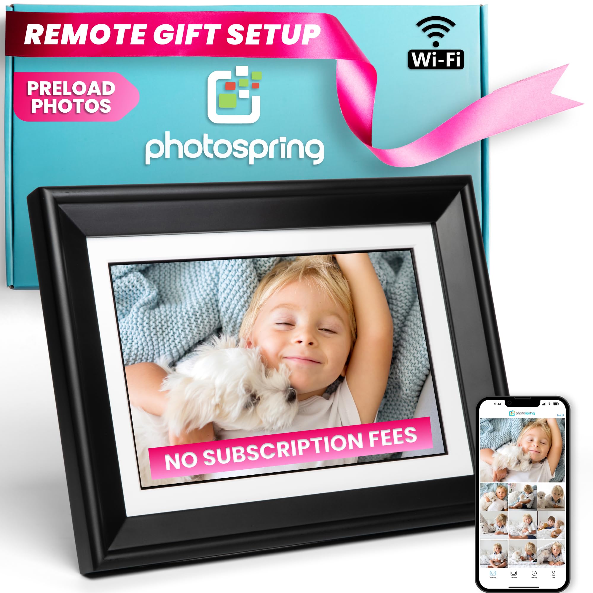 PhotoSpring 10in WiFi Digital Picture Frame, Family Can Send Photos from Anywhere via Email, App, or Web, Easy Touchscreen Setup, 1280x800 Display, Plays Videos, Black