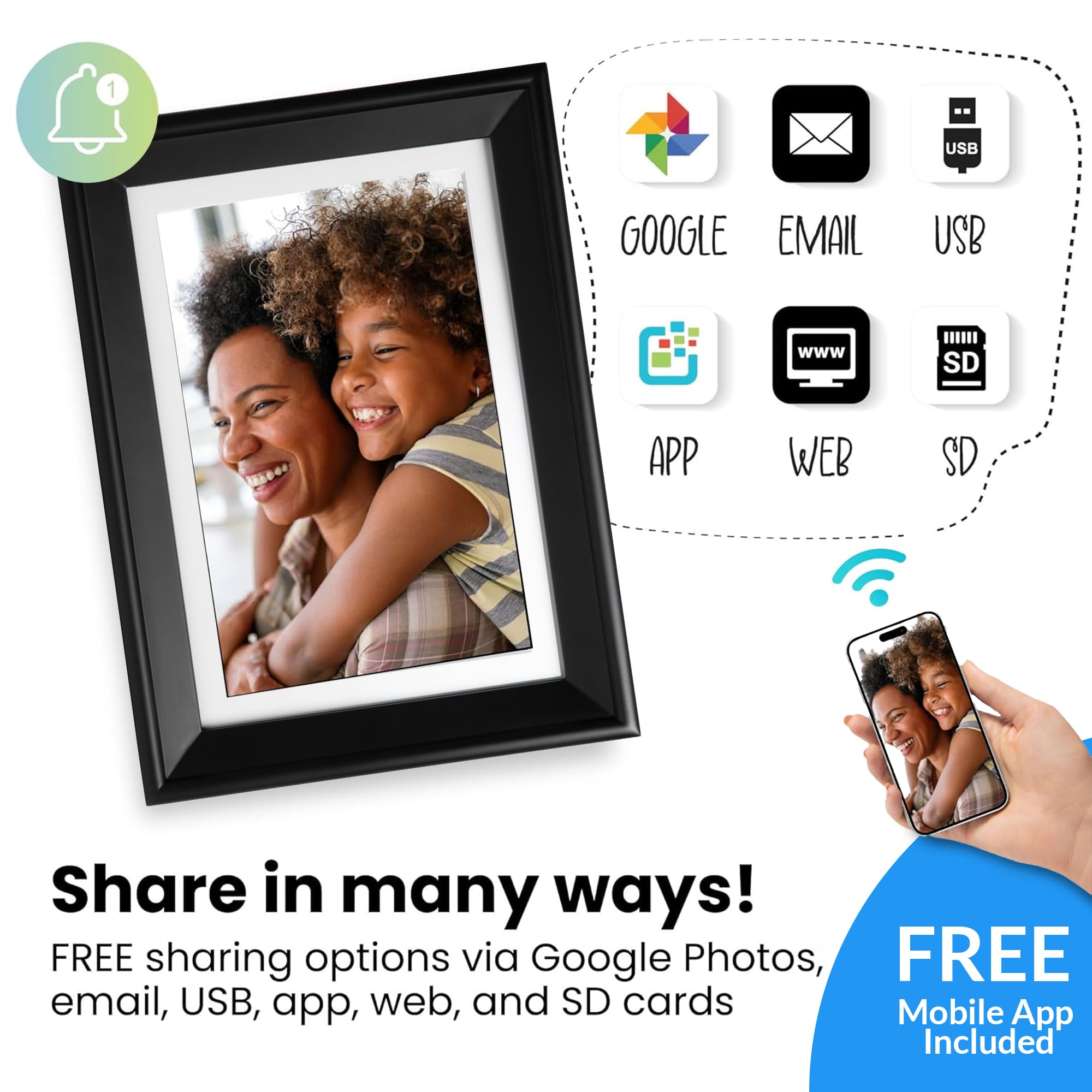 PhotoSpring 10in WiFi Digital Picture Frame, Family Can Send Photos from Anywhere via Email, App, or Web, Easy Touchscreen Setup, 1280x800 Display, Plays Videos, Black