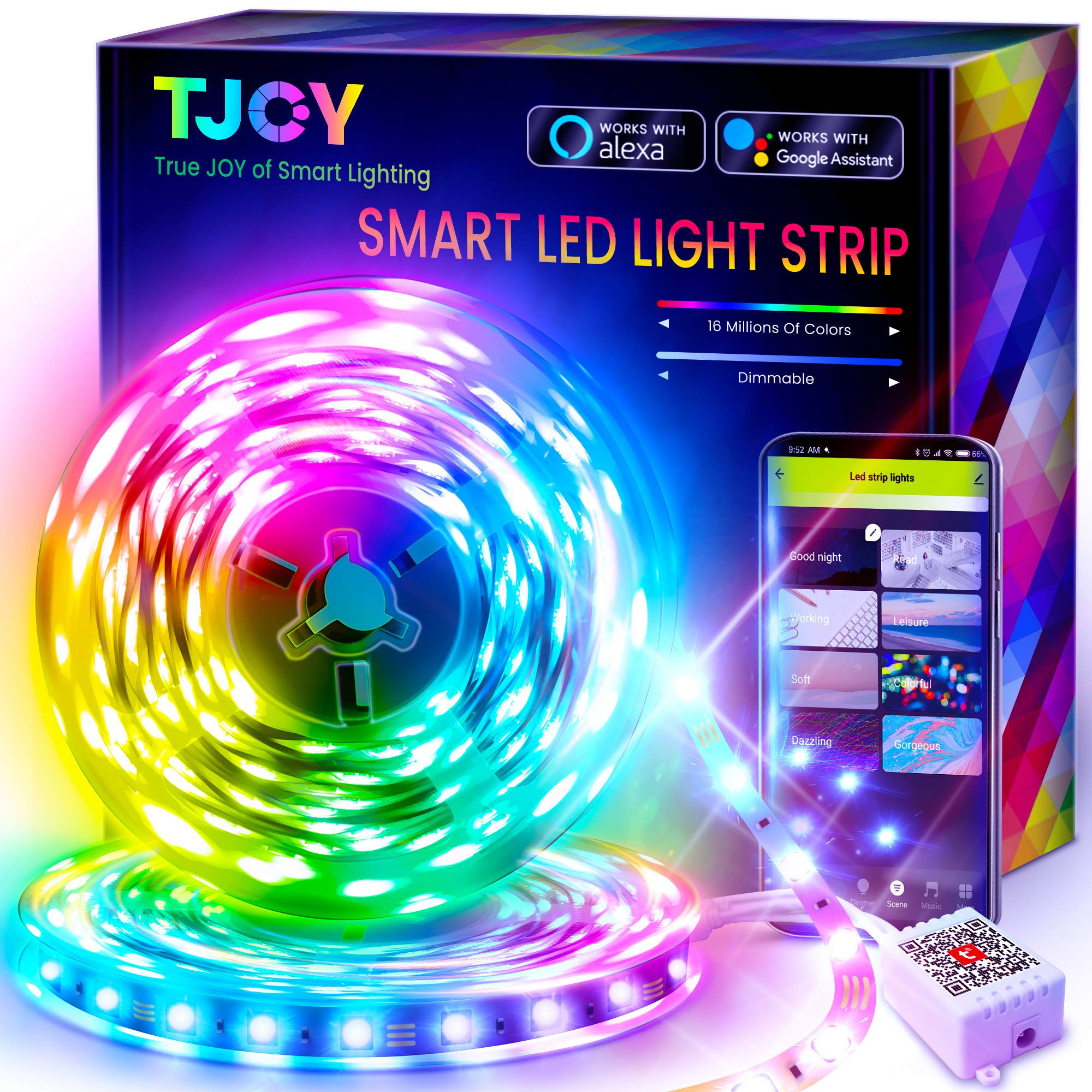 TJOY 50ft Smart Led Strip Lights for Bedroom, Alexa Led Light Strip,5050 RGB Color Changing Music Sync Led Lights Strip with App Remote,Multi-Color Wireless Led Lights for Bedroom (APP+Remote+Voice)