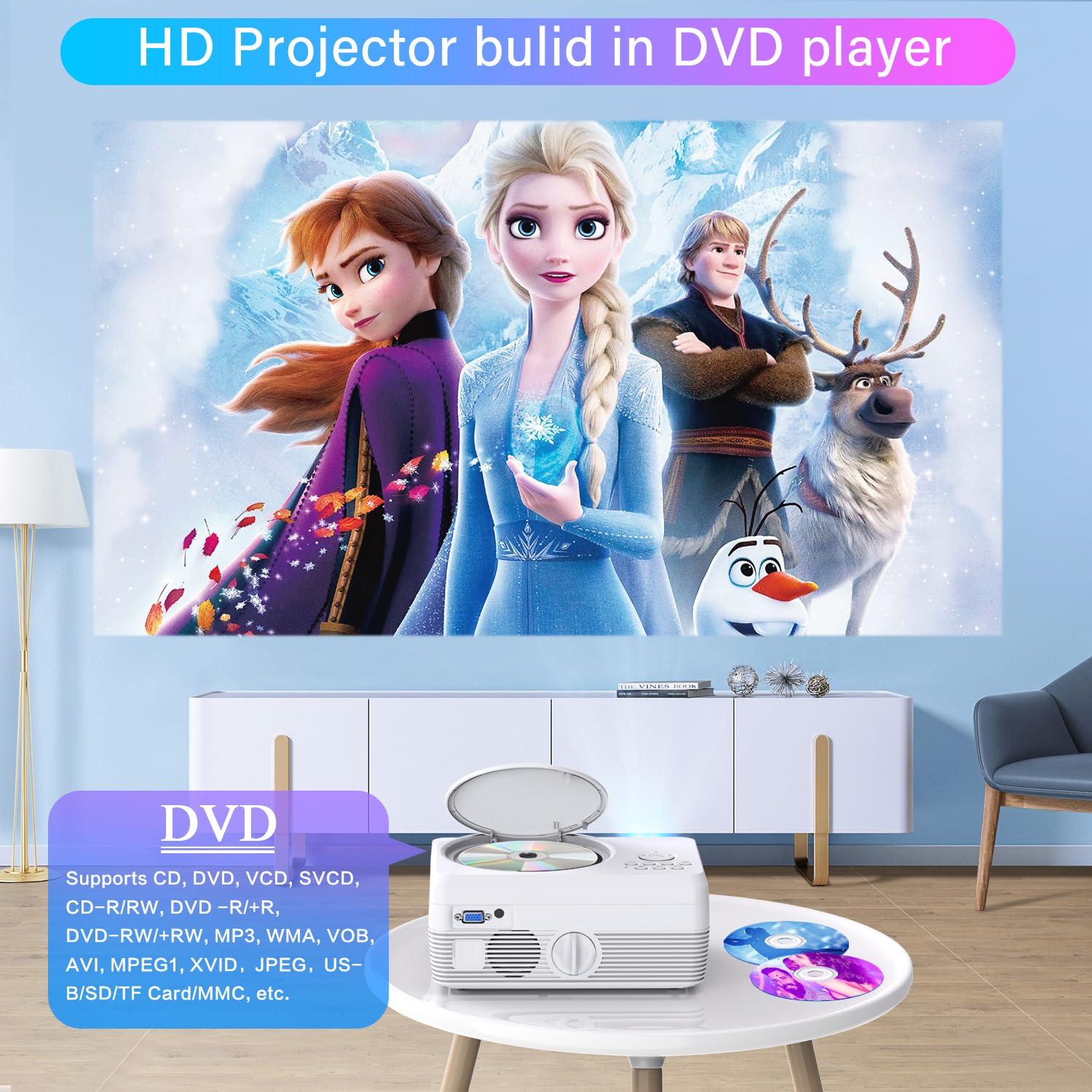 Full HD WiFi Bluetooth Projector Built in DVD Player, 8000LM 1080P Supported, Portable Mini DVD Projector for Outdoor Movies, 250" Home Theater, Compatible with iOS/Android/TVĀ Stick/PS4/HDMI/USB/TF