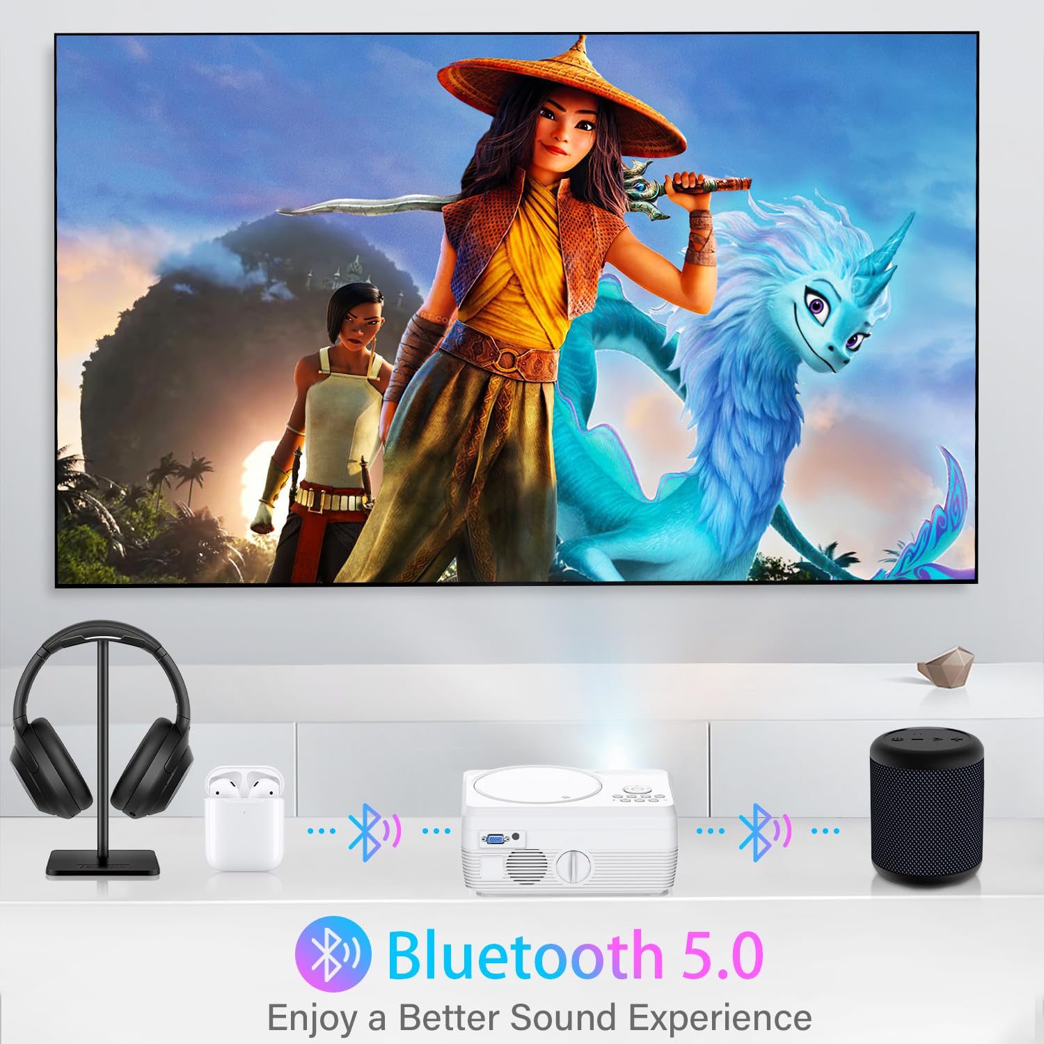 Full HD WiFi Bluetooth Projector Built in DVD Player, 8000LM 1080P Supported, Portable Mini DVD Projector for Outdoor Movies, 250" Home Theater, Compatible with iOS/Android/TVĀ Stick/PS4/HDMI/USB/TF