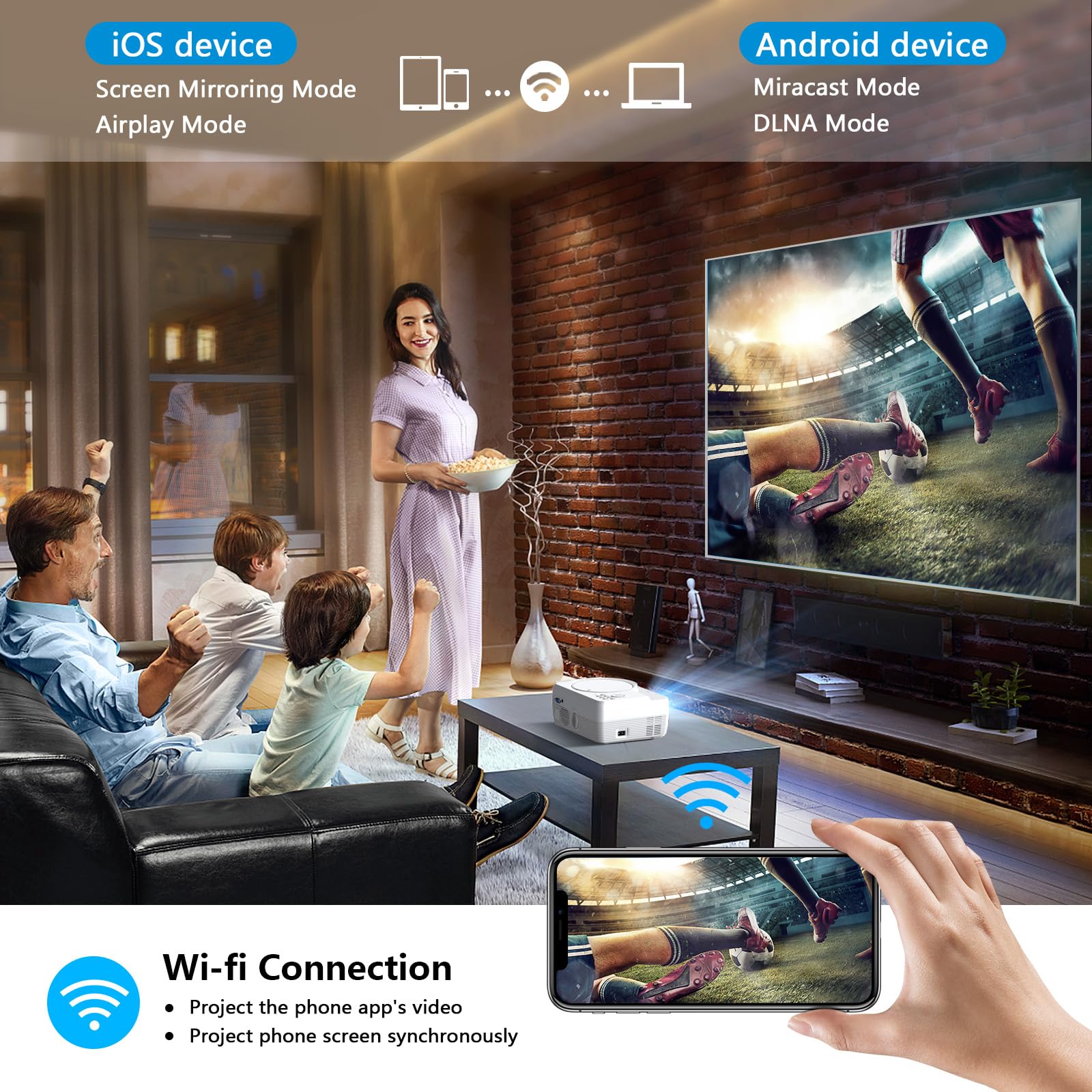 Full HD WiFi Bluetooth Projector Built in DVD Player, 8000LM 1080P Supported, Portable Mini DVD Projector for Outdoor Movies, 250" Home Theater, Compatible with iOS/Android/TVĀ Stick/PS4/HDMI/USB/TF