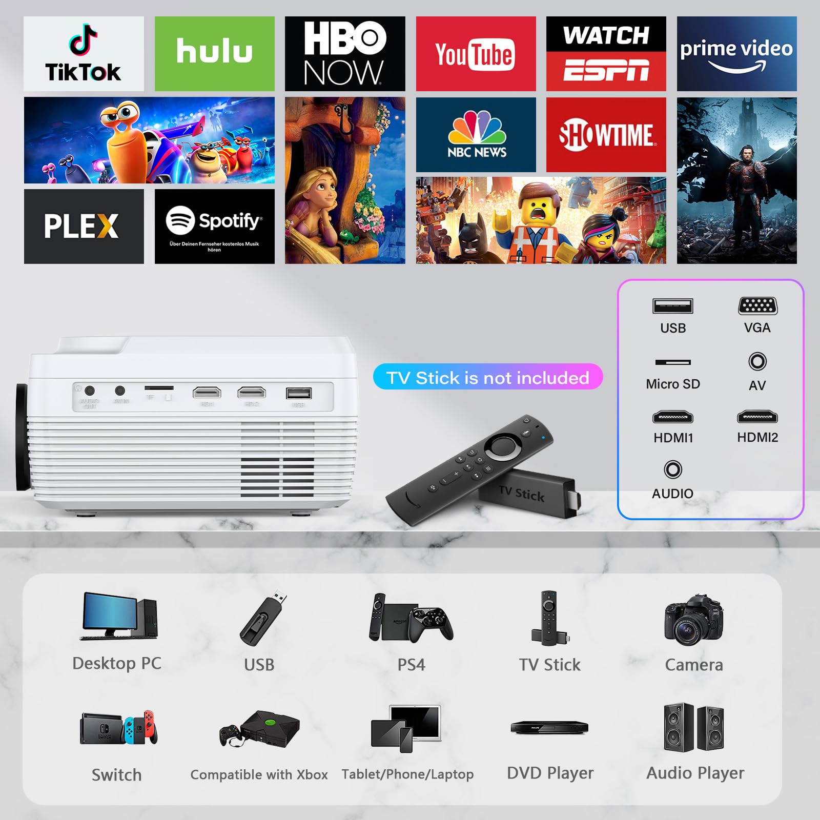 Full HD WiFi Bluetooth Projector Built in DVD Player, 8000LM 1080P Supported, Portable Mini DVD Projector for Outdoor Movies, 250" Home Theater, Compatible with iOS/Android/TVĀ Stick/PS4/HDMI/USB/TF