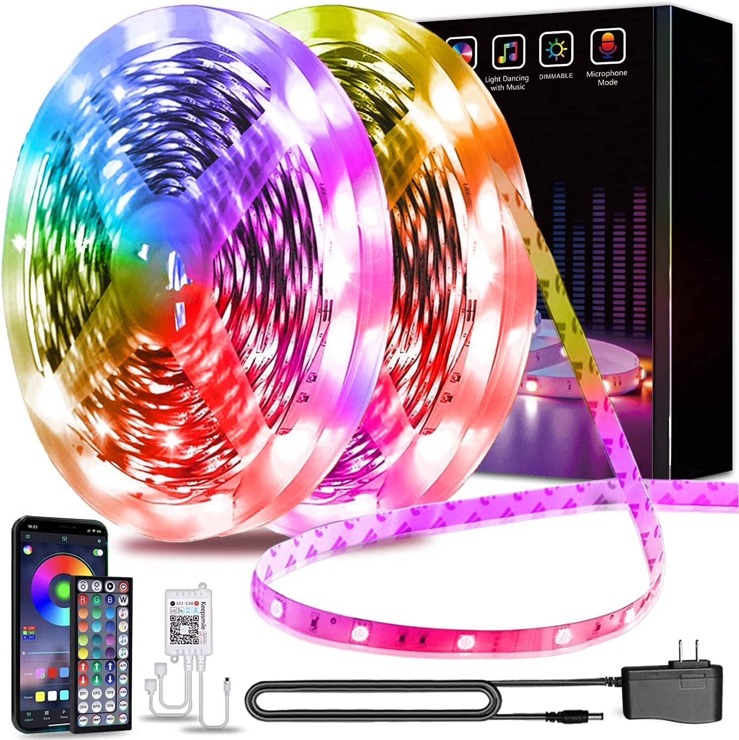 XIER 100ft Led Lights for Bedroom (2 Rolls of 50ft) Bluetooth APP Control Music Sync Color Changing Led Light Strips Led Strip Lights with Power Adapter Remote for Room Home Decoration