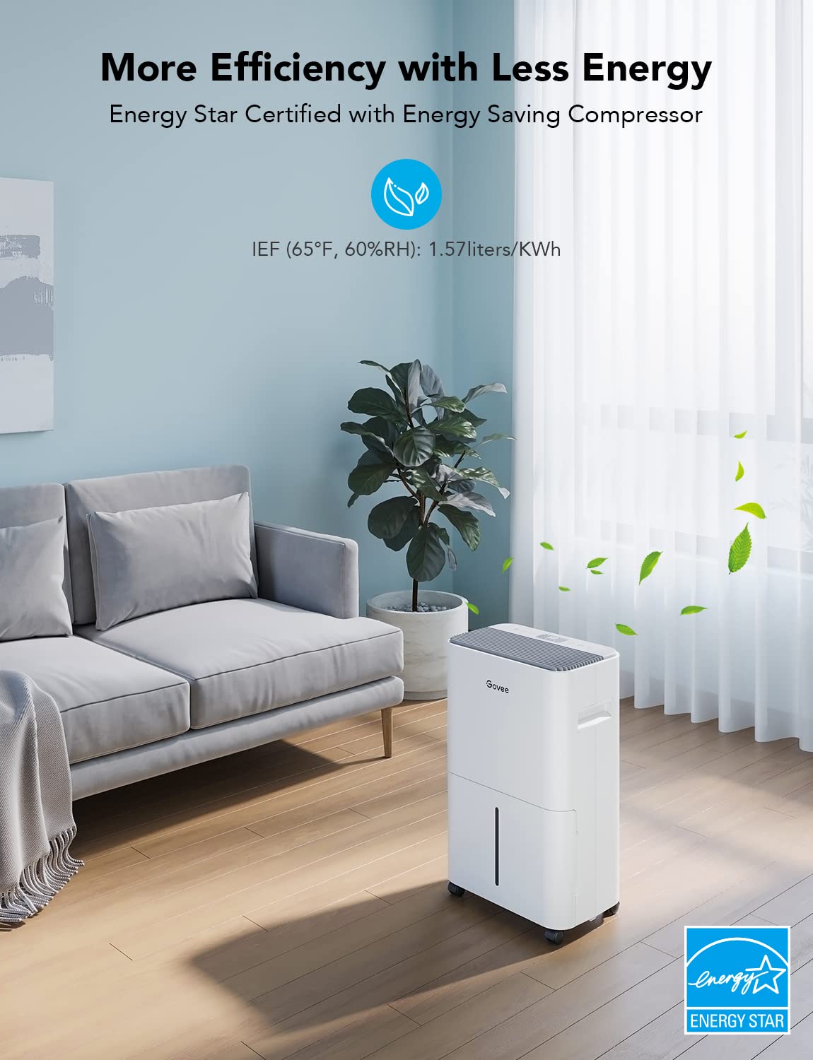 Govee Smart WiFi Dehumidifier for Basement, 50 Pint Dehumidifiers for Home Bedroom, Energy Star Dehumidifier with Drain Hose, Works with Alexa, Intelligent Humidity Control, 24H Timer
