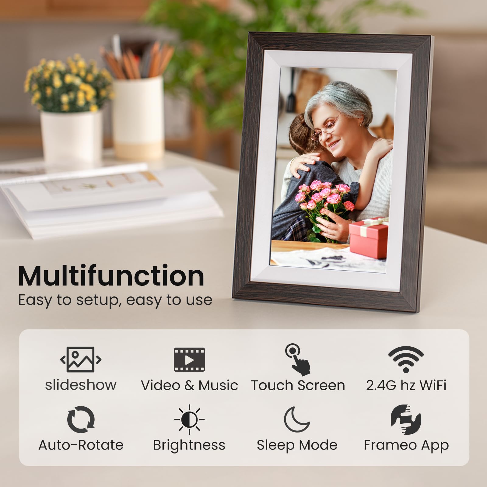 BIHIWOIA Digital Picture Frame Digital Photo Frame, Frameo Digital Frame WiFi 10 Inch,Touch Screen, 16GB Storage, Send Pictures and Videos to The Digital Frame from Anywhere (Brown)