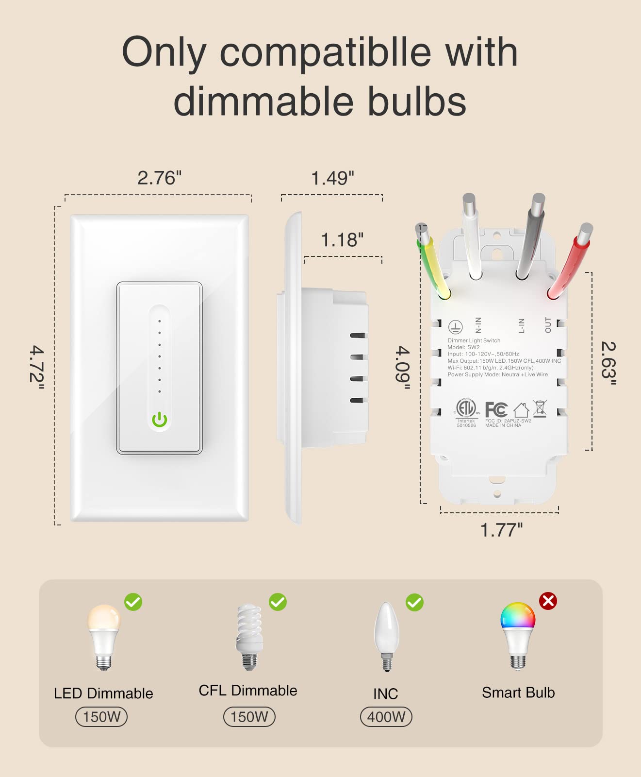 GHome Smart Dimmer Switch Works with Alexa Google Home, Single Pole 2.4GHz Wi-Fi Switch for Dimmable LED CFL INC Light Bulbs, Neutral Wire Required, UL Certified, No Hub Required, 1Pack