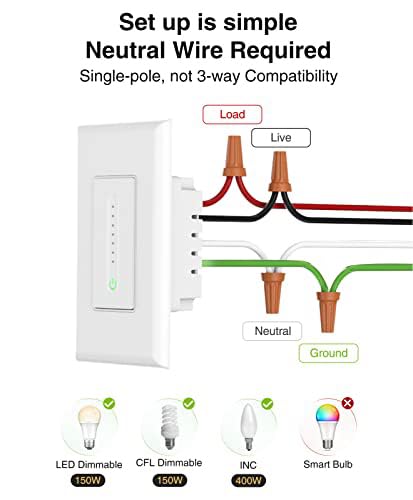 GHome Smart Smart Dimmer Switch Work with Alexa Google Home, Neutral Wire Required 2.4GHz Wi-Fi Switch for Dimming LED CFL INC Light Bulbs, Single Pole, UL Certified, No Hub Required, 4Pack