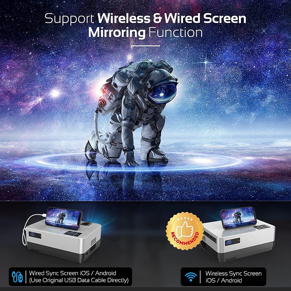 DBPOWER WiFi Projector, 9000L Full HD 1080p Video Projector with Carry Case, Support iOS/Android Sync Screen, Zoom&Sleep Timer, 4.3” LCD Home Movie Projector Compatible w/Smart Phone/Laptop