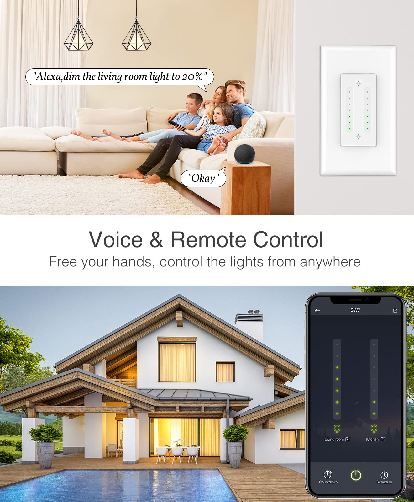 GHome Smart Dual Dimmer Switch Compatible with Alexa Google Home, 2.4GHz Wi-Fi Switch for Dimmable LED CFL INC Light Bulbs, Space Saving, Neutral Wire Required,1 Pack