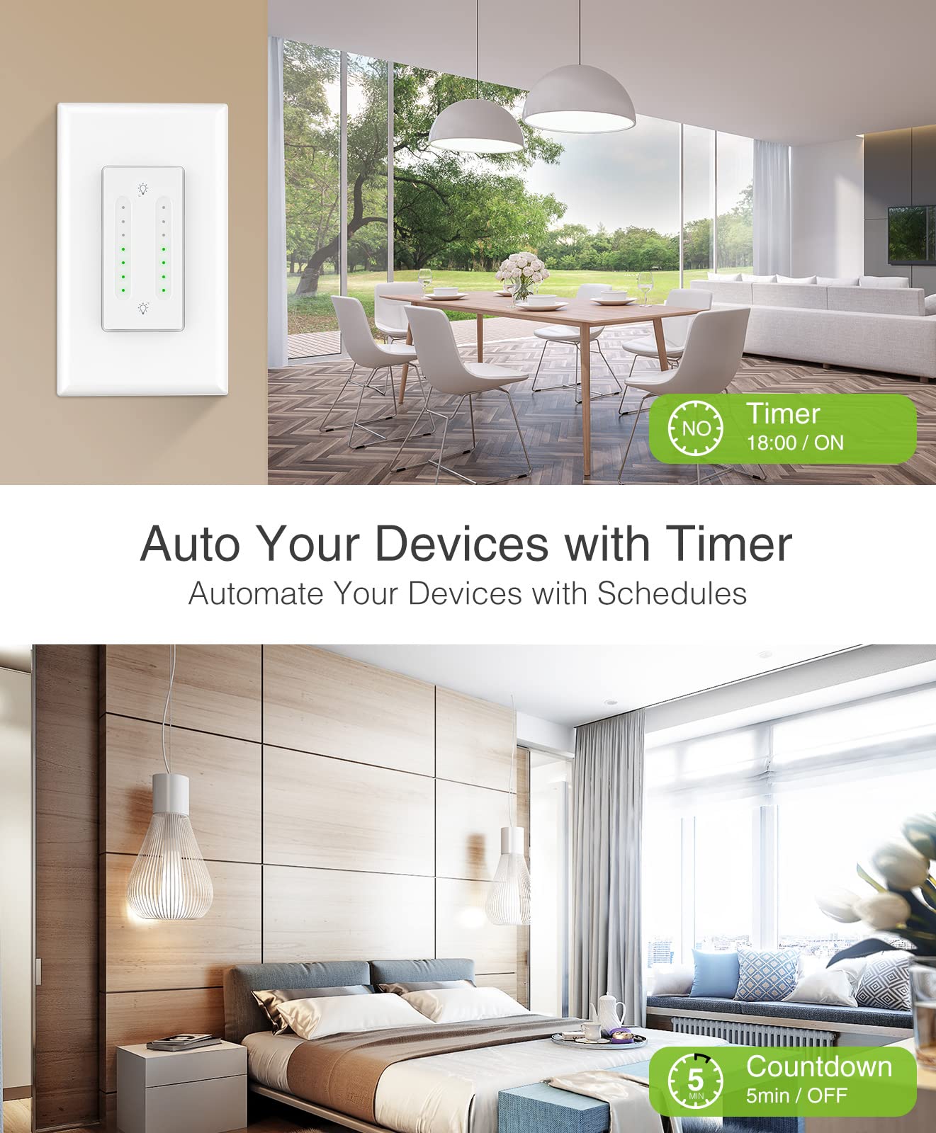 GHome Smart Dual Dimmer Switch Compatible with Alexa Google Home, 2.4GHz Wi-Fi Switch for Dimmable LED CFL INC Light Bulbs, Space Saving, Neutral Wire Required,1 Pack
