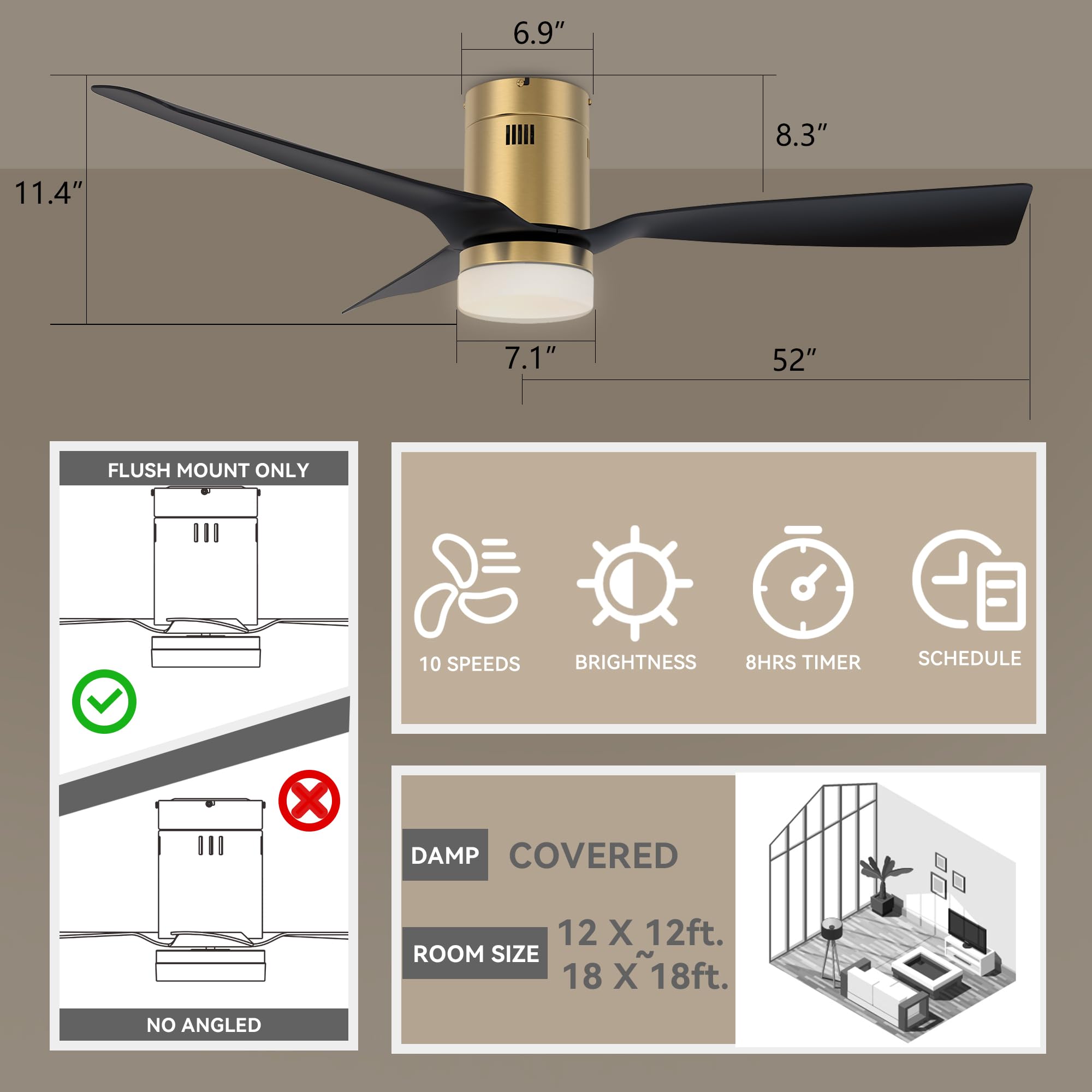 SMAAIR 52 Inch Smart Ceiling Fan with Lights and 10-speed DC Motor, Works with Remote Control/Alexa/Google Home/Siri, Dimmable LED Light (Gold/Black)