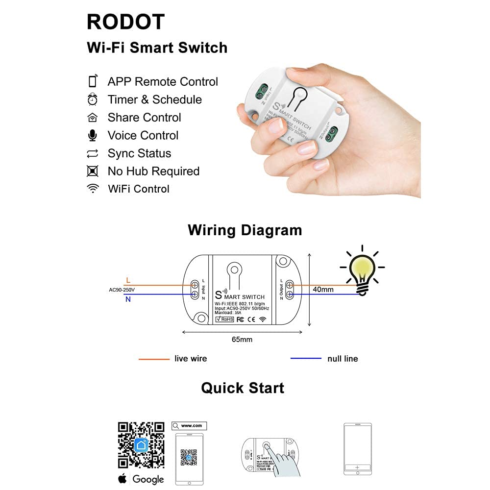 16A Basic Wireless Smart Switch,Wi-Fi Light Switch Compatible with Alexa & Google Home & SmartThings,FCC Certified,No Hub Required Support DIY Module (2-Pack)