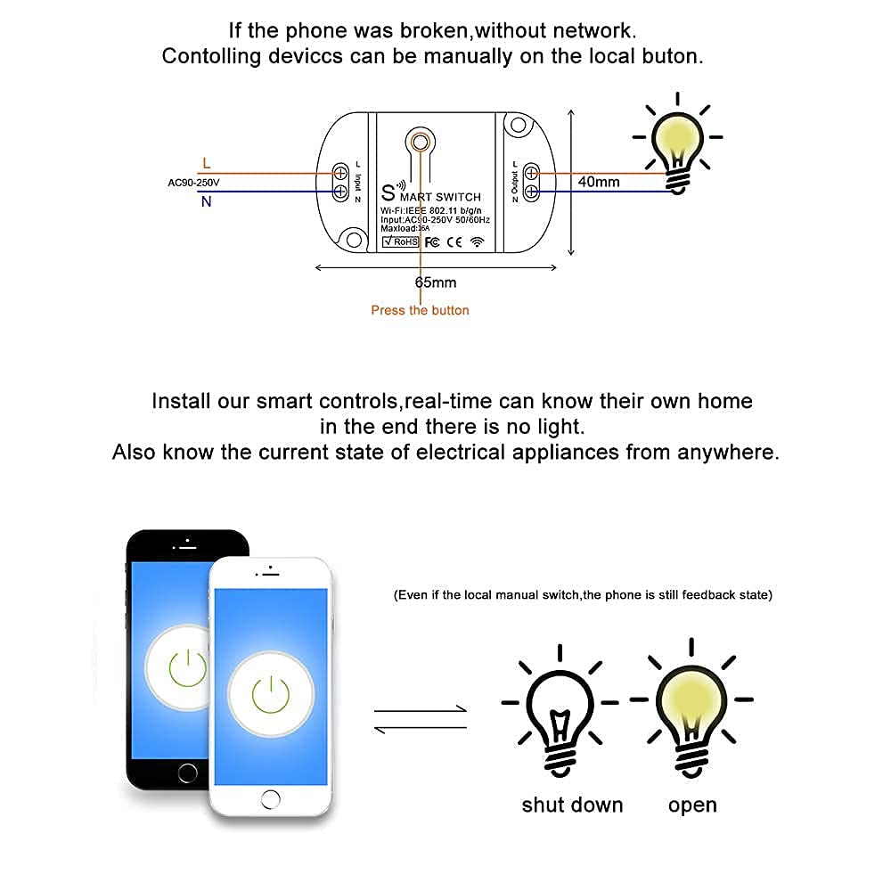 16A Basic Wireless Smart Switch,Wi-Fi Light Switch Compatible with Alexa & Google Home & SmartThings,FCC Certified,No Hub Required Support DIY Module (2-Pack)