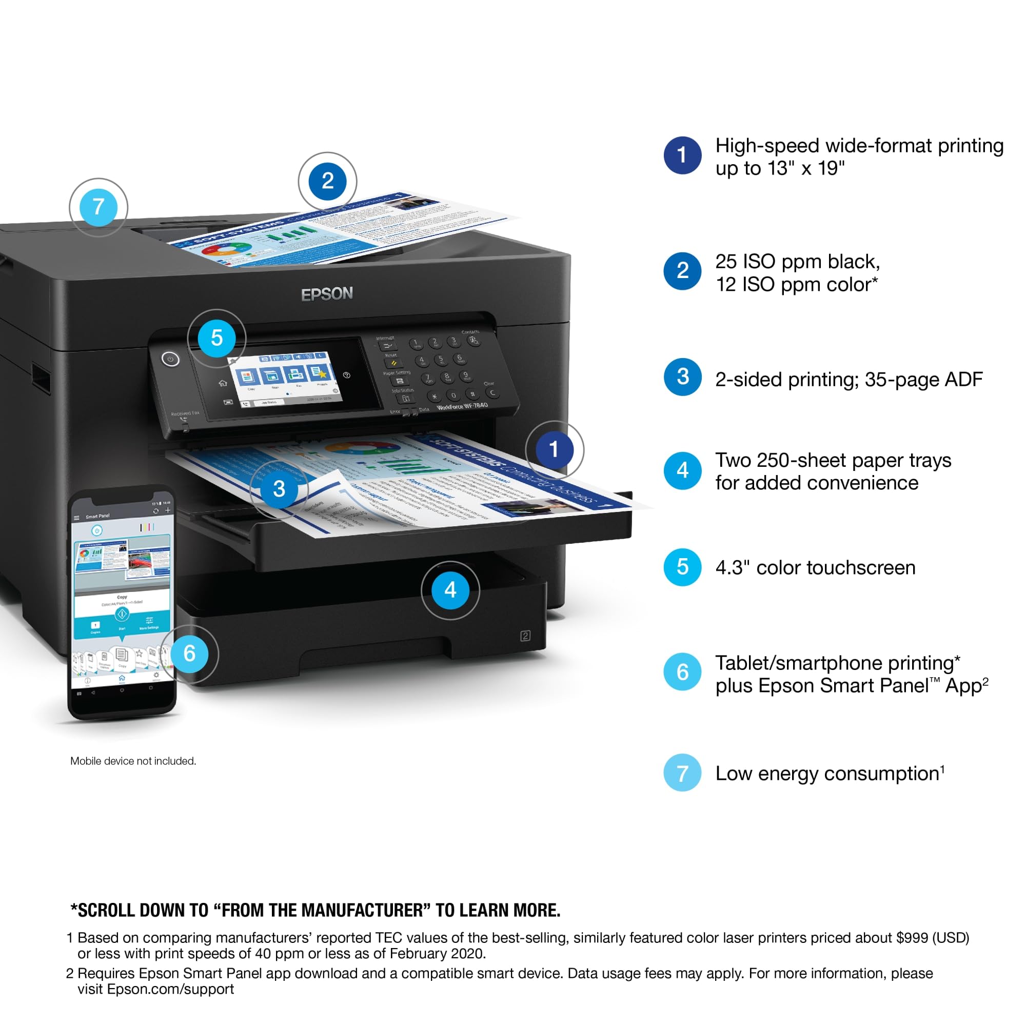 Epson Workforce Pro WF-7840 Wireless All-in-One Wide-Format Printer with Auto 2-Sided Print up to 13" x 19", Copy, Scan and Fax, 50-Page ADF, 500-sheet Paper Capacity, 4.3" Screen