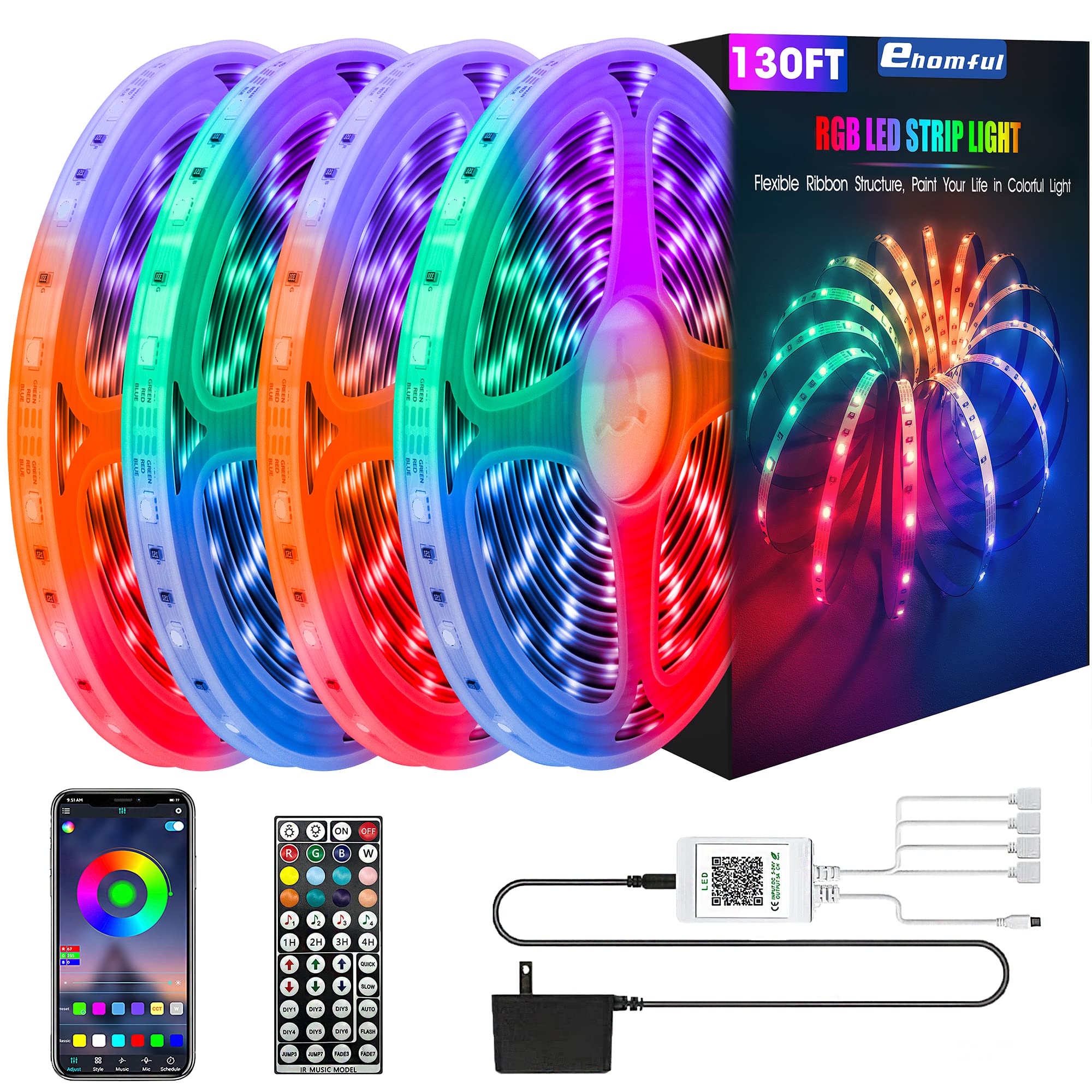 ehomful 130ft Led Lights Ehomful App Control Music RGB 5050 Color Changing Smart Led Strip Lights Kit with 44 Keys Remote, Led Lights for Bedroom,Room,Apartment,Kitchen,Party Decorations
