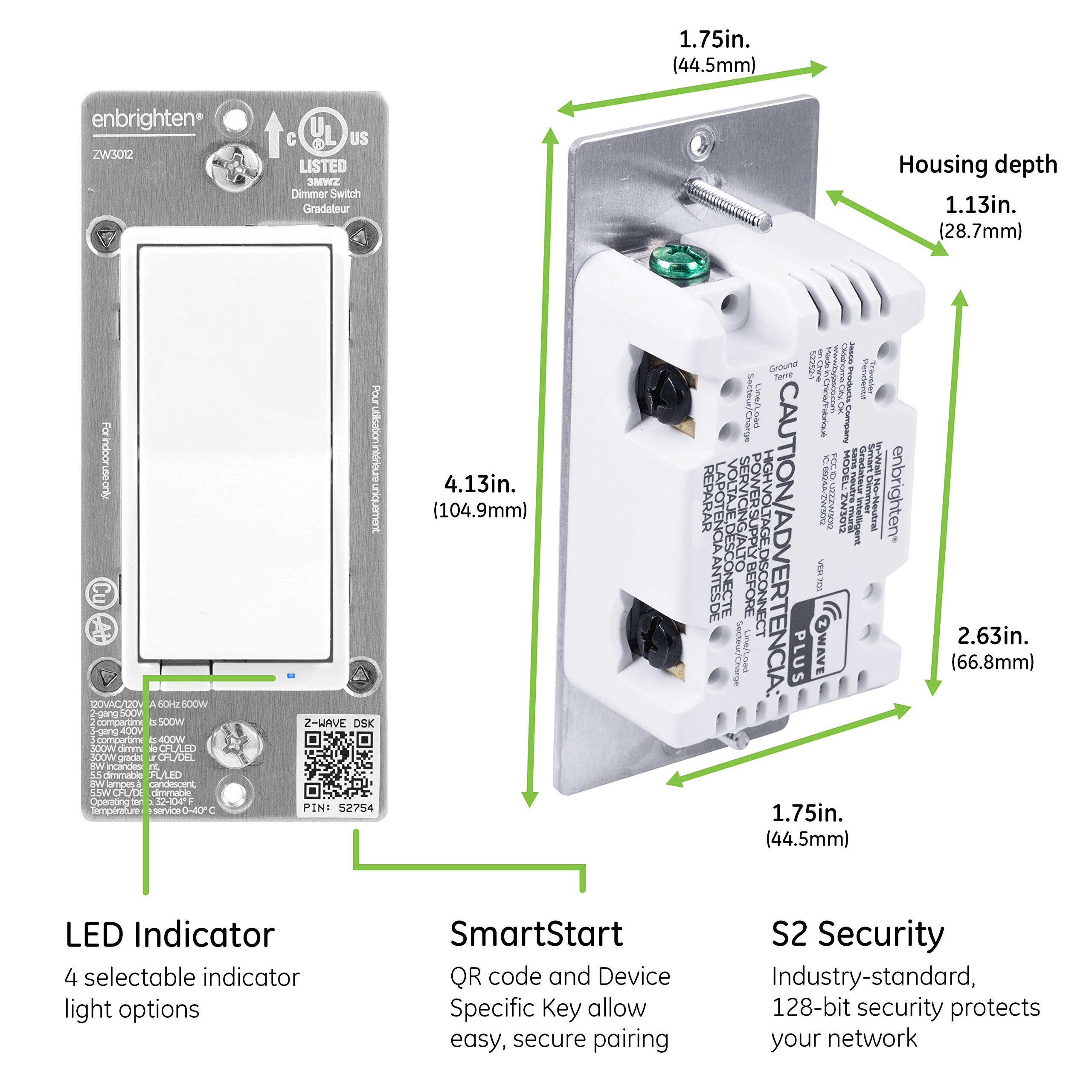 Enbrighten 52252 Z-Wave Plus Smart Light Dimmer with QuickFit and SimpleWire, Compatible with Alexa, Google Assistant, Zwave Hub Required, Repeater/Range Extender, 3-Way, White & Light Almond