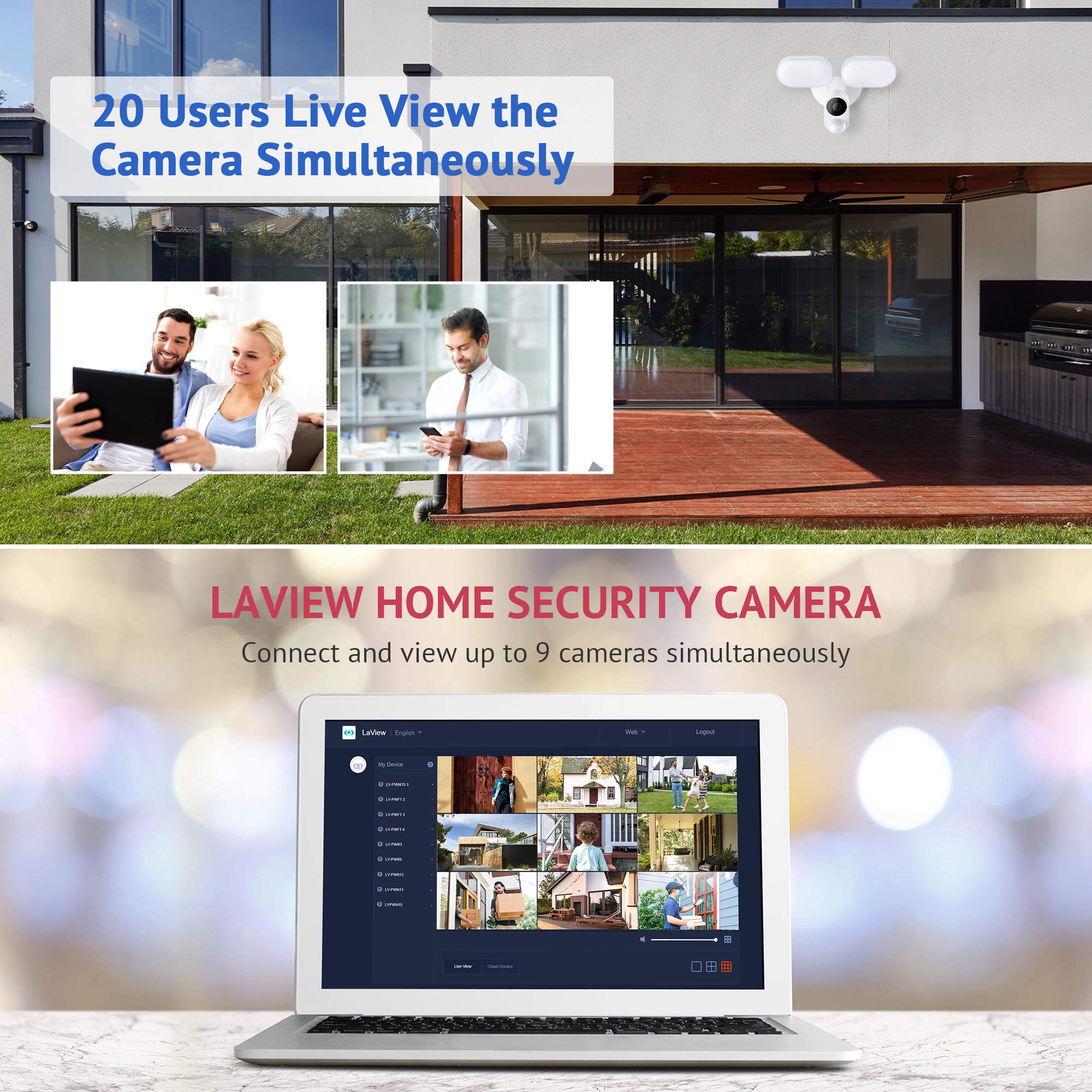 LaView Floodlight Camera with 2600 Lumen LEDs,Security Camera Outdoor 1080P,WiFi Security Cameras Waterproof, Motion Detection, Night Vision, Two-Way Audio and Siren, USA Cloud Service