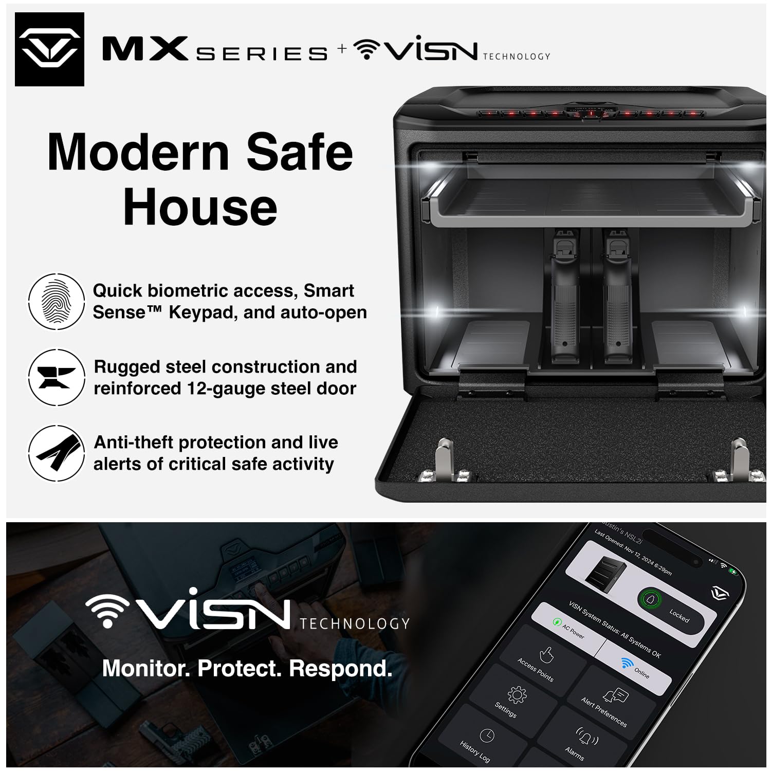 Vaultek MXi Wi-Fi and Biometric Safe High Capacity Handgun Safe Multiple Pistol Storage Smart Safe with Alerts to Smartphone Auto-Open Door and Rechargeable Battery (Biometric + WiFi)(Black)