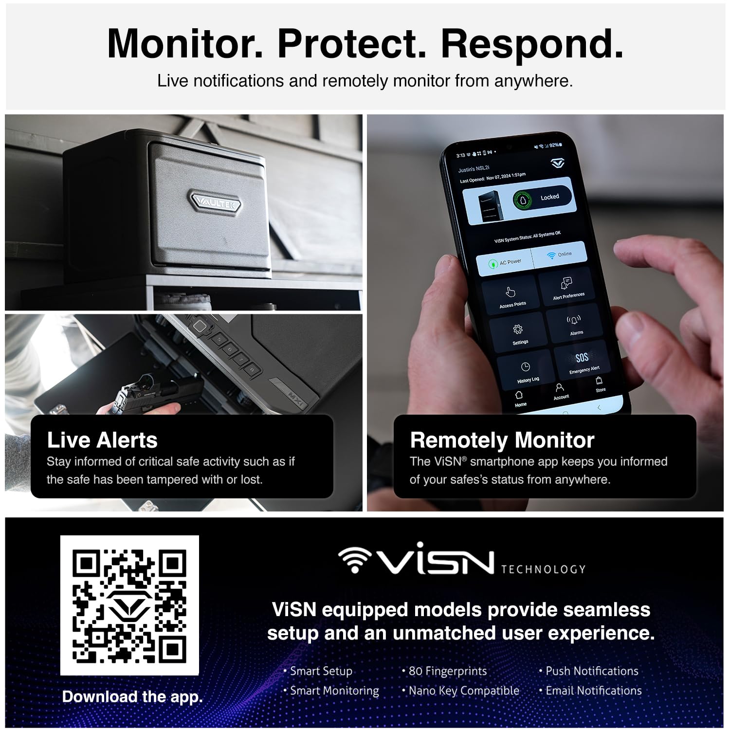 Vaultek MXi Wi-Fi and Biometric Safe High Capacity Handgun Safe Multiple Pistol Storage Smart Safe with Alerts to Smartphone Auto-Open Door and Rechargeable Battery (Biometric + WiFi)(Black)