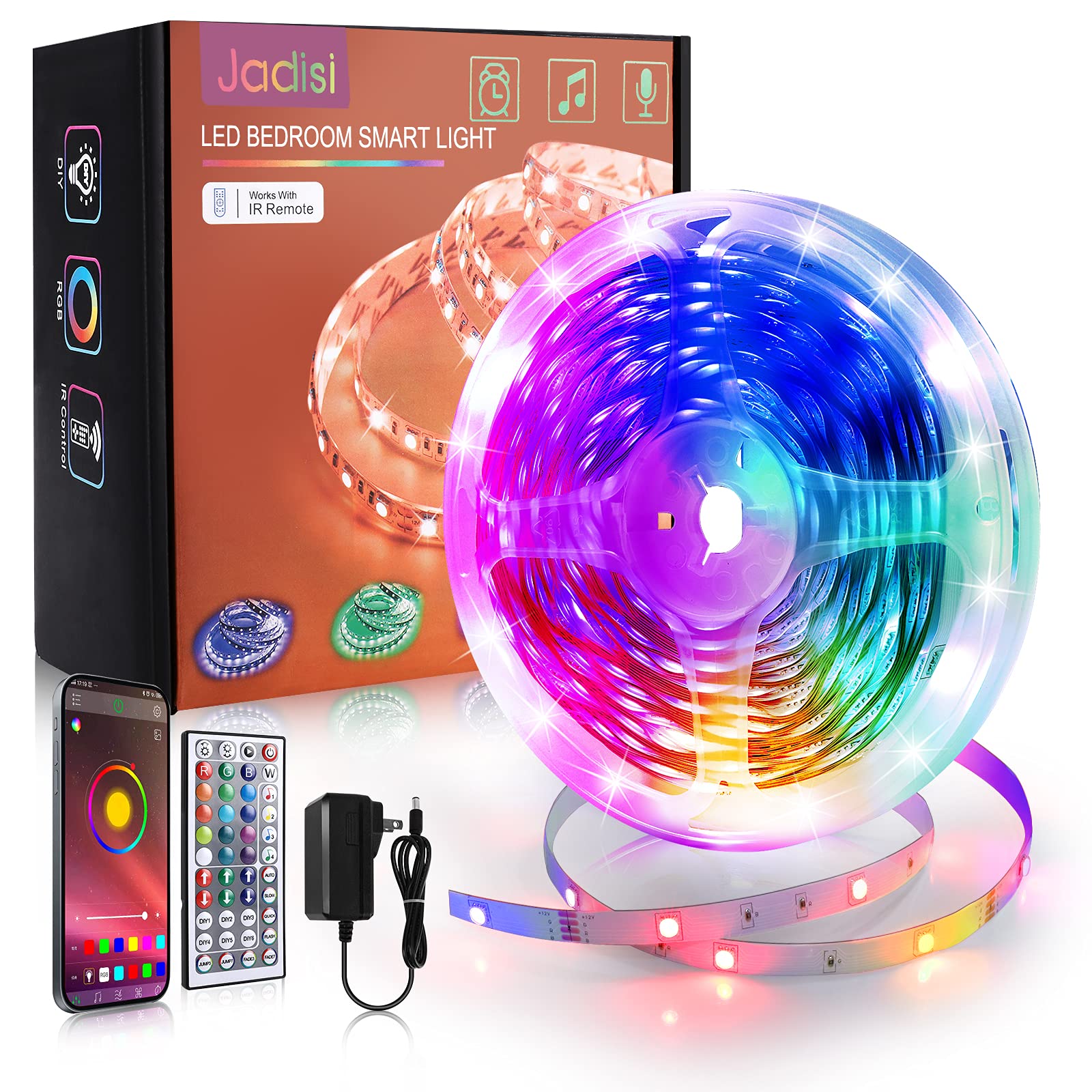 Jadisi 50ft Led Strip Lights for Bedroom, RGB Led Light Strip Music Sync Color Changing with App Remote Control Smart Led Strip Lights for TV, Room Party