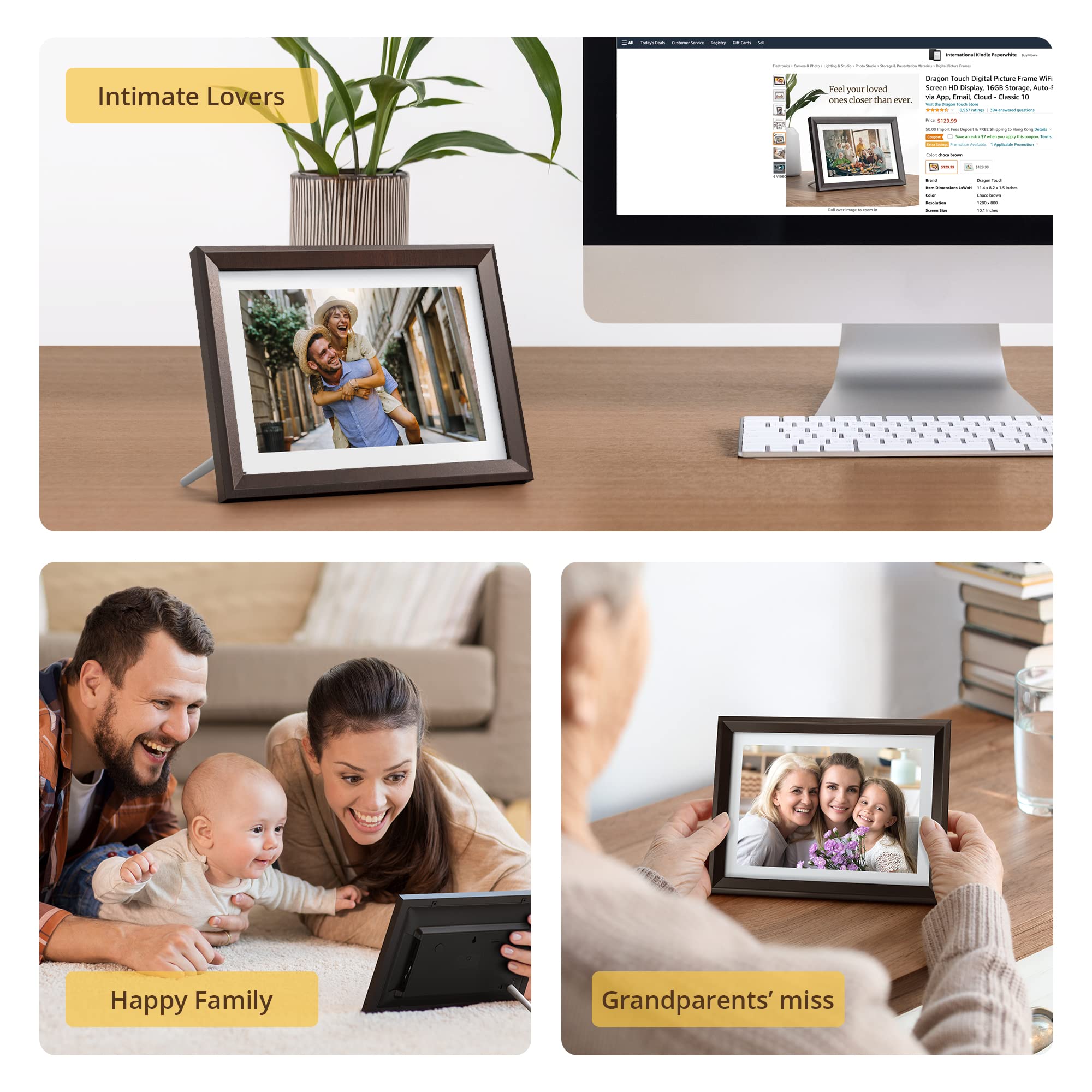 Dragon Touch Digital Picture Frame WiFi 10 inch IPS Touch Screen HD Display, 16GB Storage, Auto-Rotate, Share Photos via App, Email, Cloud - Classic 10