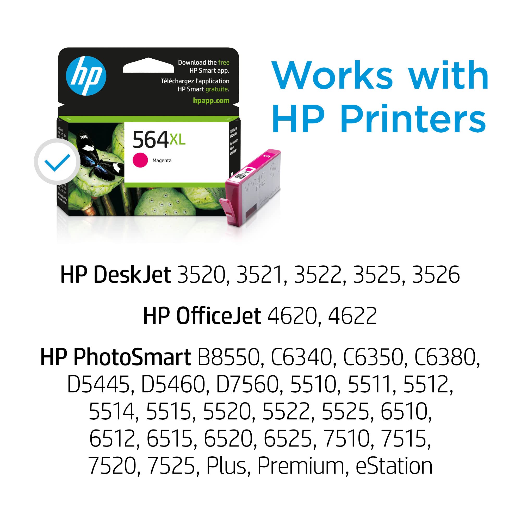 Original HP 564XL Magenta High-yield Ink | Works with DeskJet 3500; OfficeJet 4620; PhotoSmart B8550, C6300, D5400, D7560, 5510, 5520, 6510, 6520, 7510, 7520, Plus, Premium, eStation Series | CB324WN