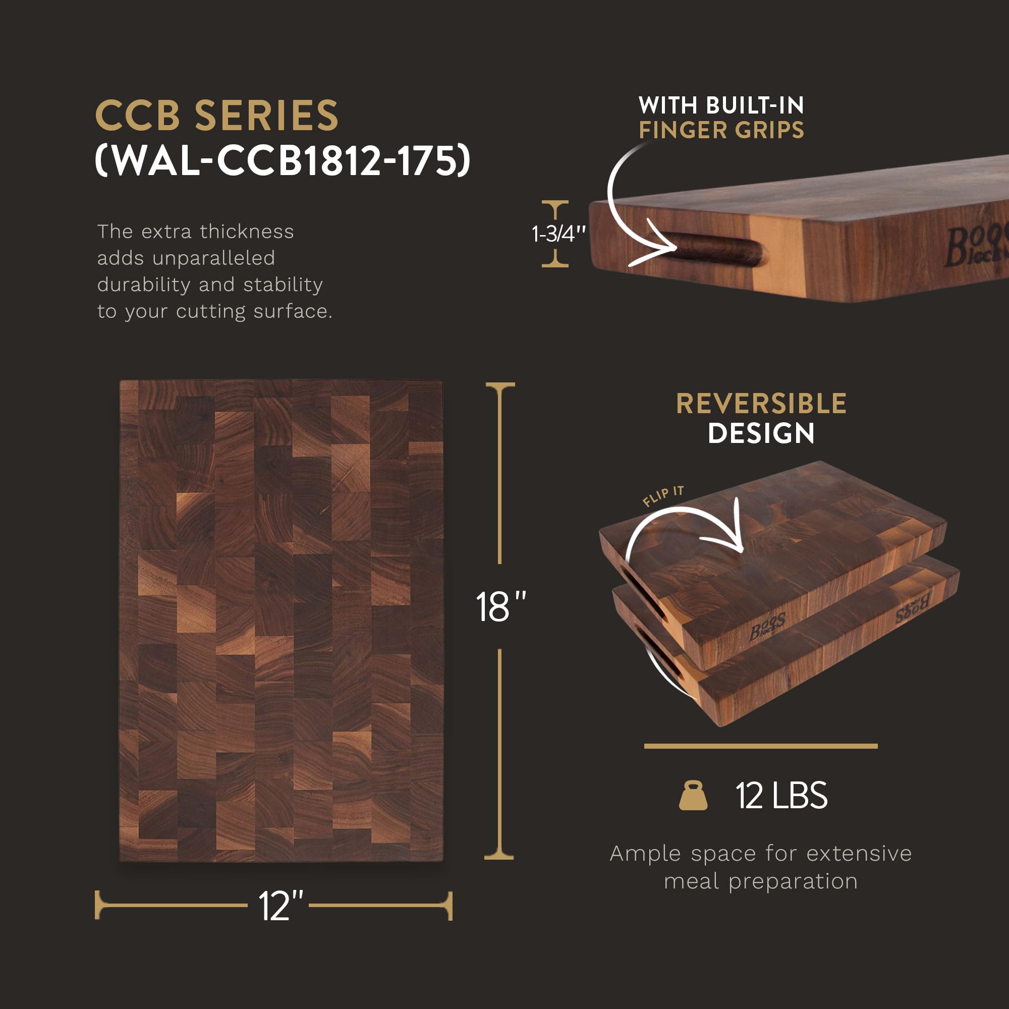John Boos Walnut Blo WAL-CCB1812-175 Classic Collection Wood End Grain Chopping Block, 18" x 12" x 1.75"