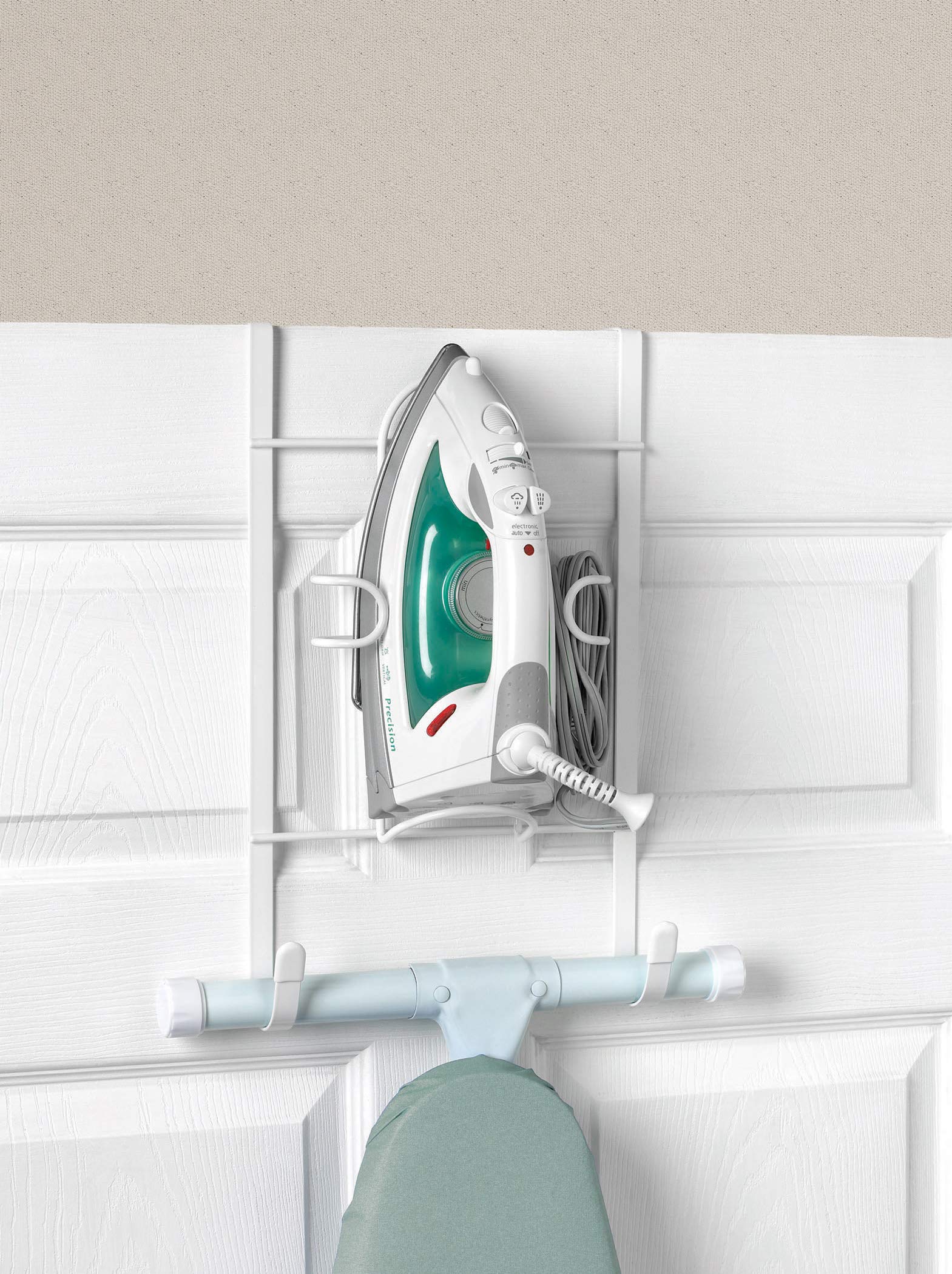Spectrum Diversified Over-the-Door Holder No-Installation Iron & Ironing Board Storage, Sturdy Steel Construction With Rubberized Hook Ends Laundry Room Storage & Closet Organization, White, Large