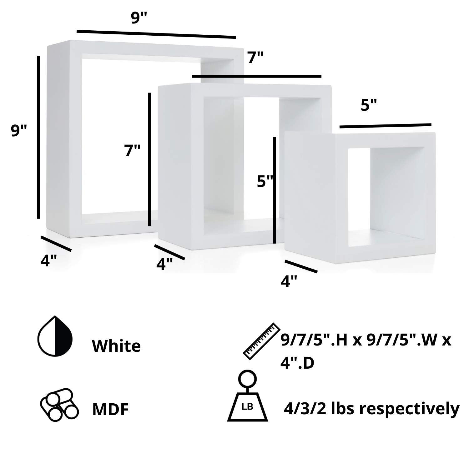 Kiera Grace Cubes, Set of 3, 9 x 9 inches, White Square Cubic Decorative Floating Shelves for Wall, 9.5 x 9.5 inches
