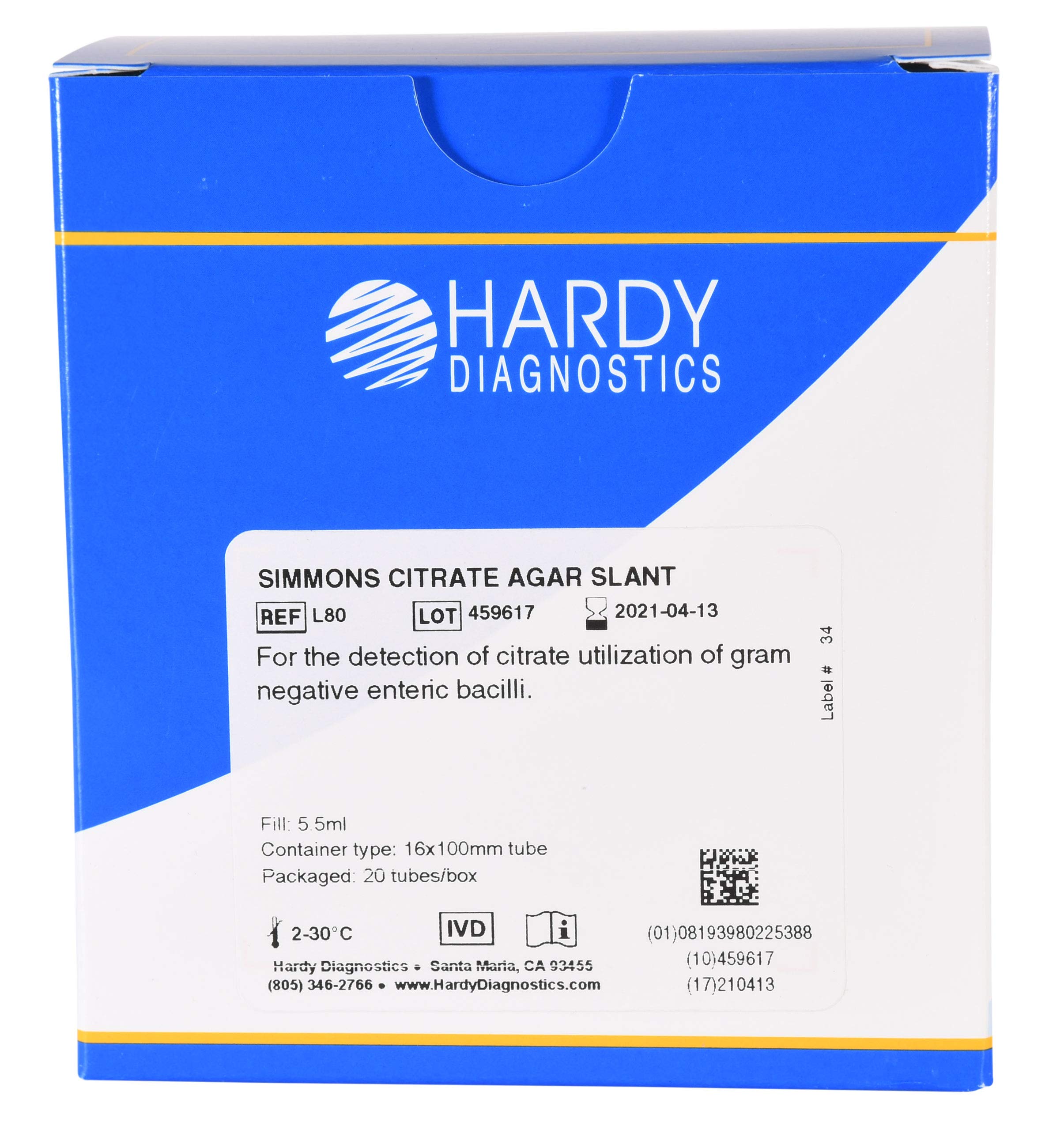 Simmons Citrate Agar Slant, 10ml, 16x100mm Tube, Order by The Package of 20, by Hardy Diagnostics