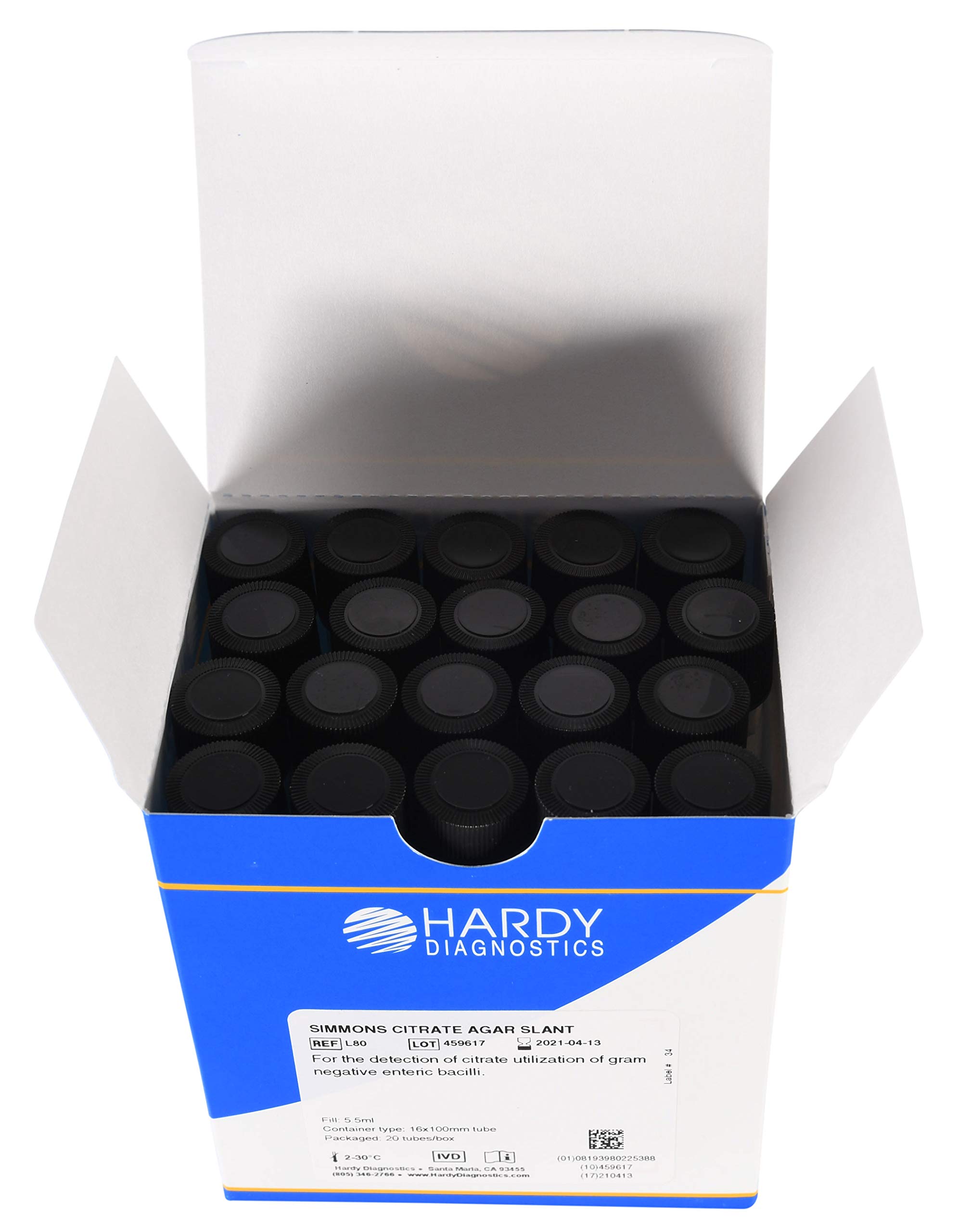 Simmons Citrate Agar Slant, 10ml, 16x100mm Tube, Order by The Package of 20, by Hardy Diagnostics