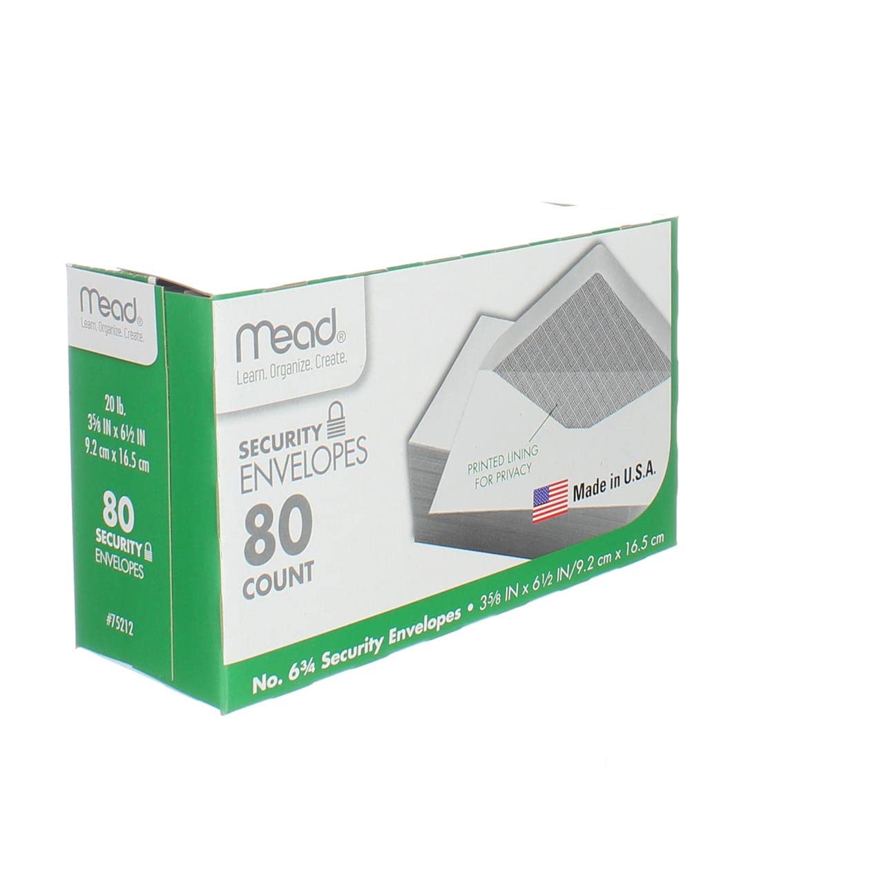 Mead #6-3/4 Envelopes, Security Printed Lining for Privacy, Gummed Closure, All-Purpose 20-lb Paper, 3-5/8" x 6-1/2", White, 80/Box (75212)